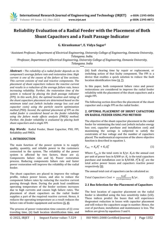 Reliability Evaluation of a Radial Feeder with the Placement of Both Shunt Capacitors and a ...
