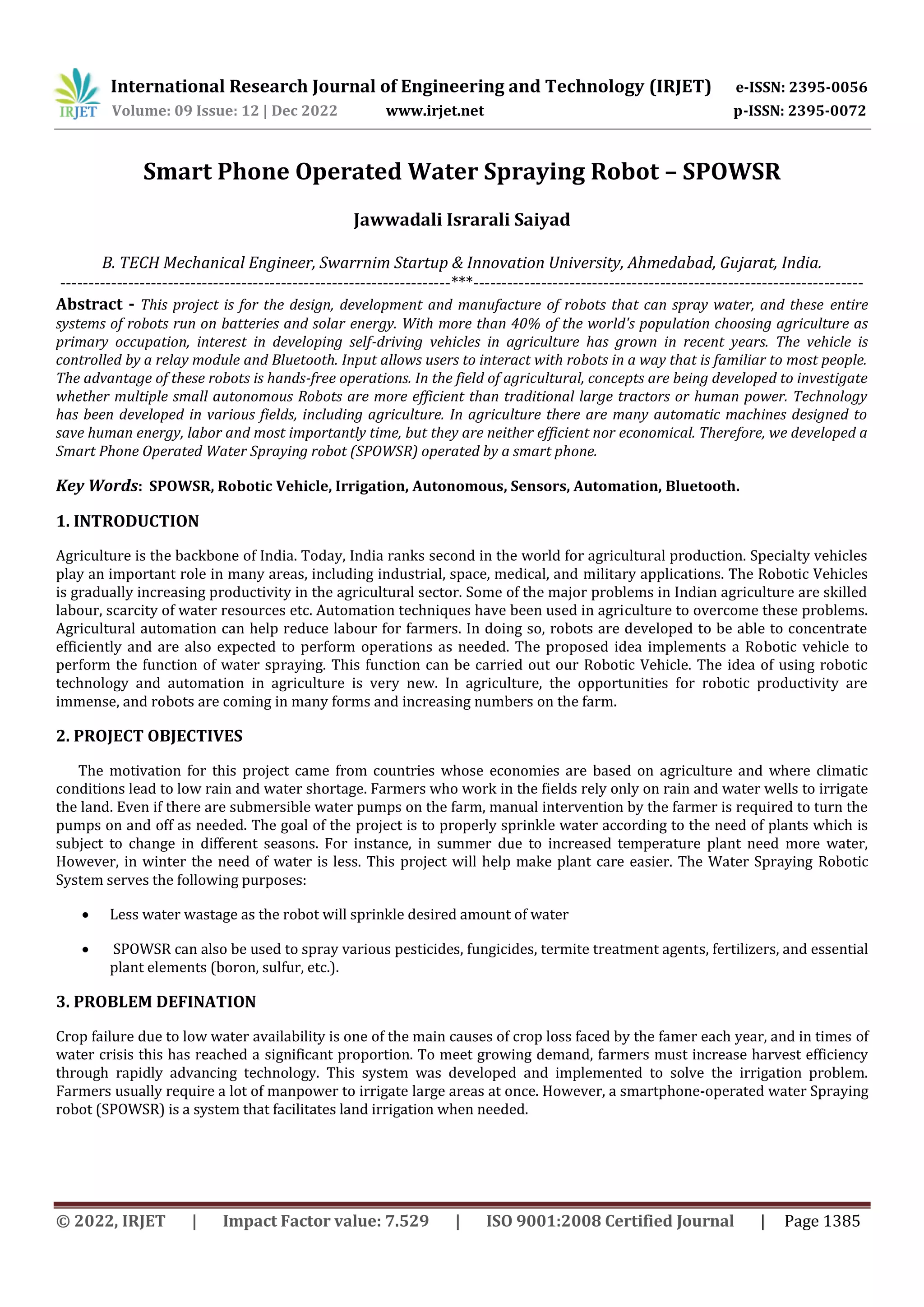 Smart Phone Operated Water Spraying Robot – SPOWSR | PDF