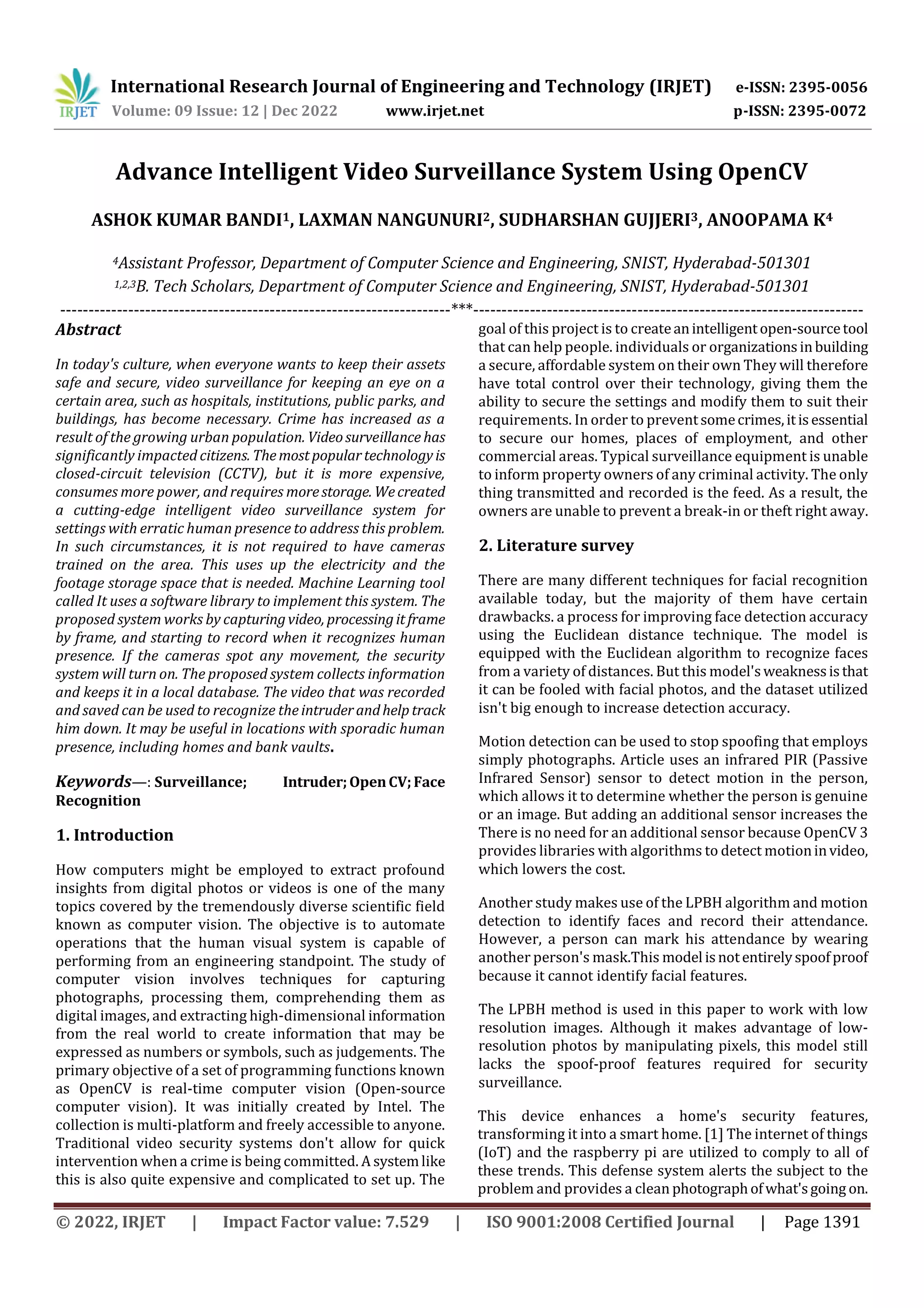 Advance Intelligent Video Surveillance System Using OpenCV | PDF