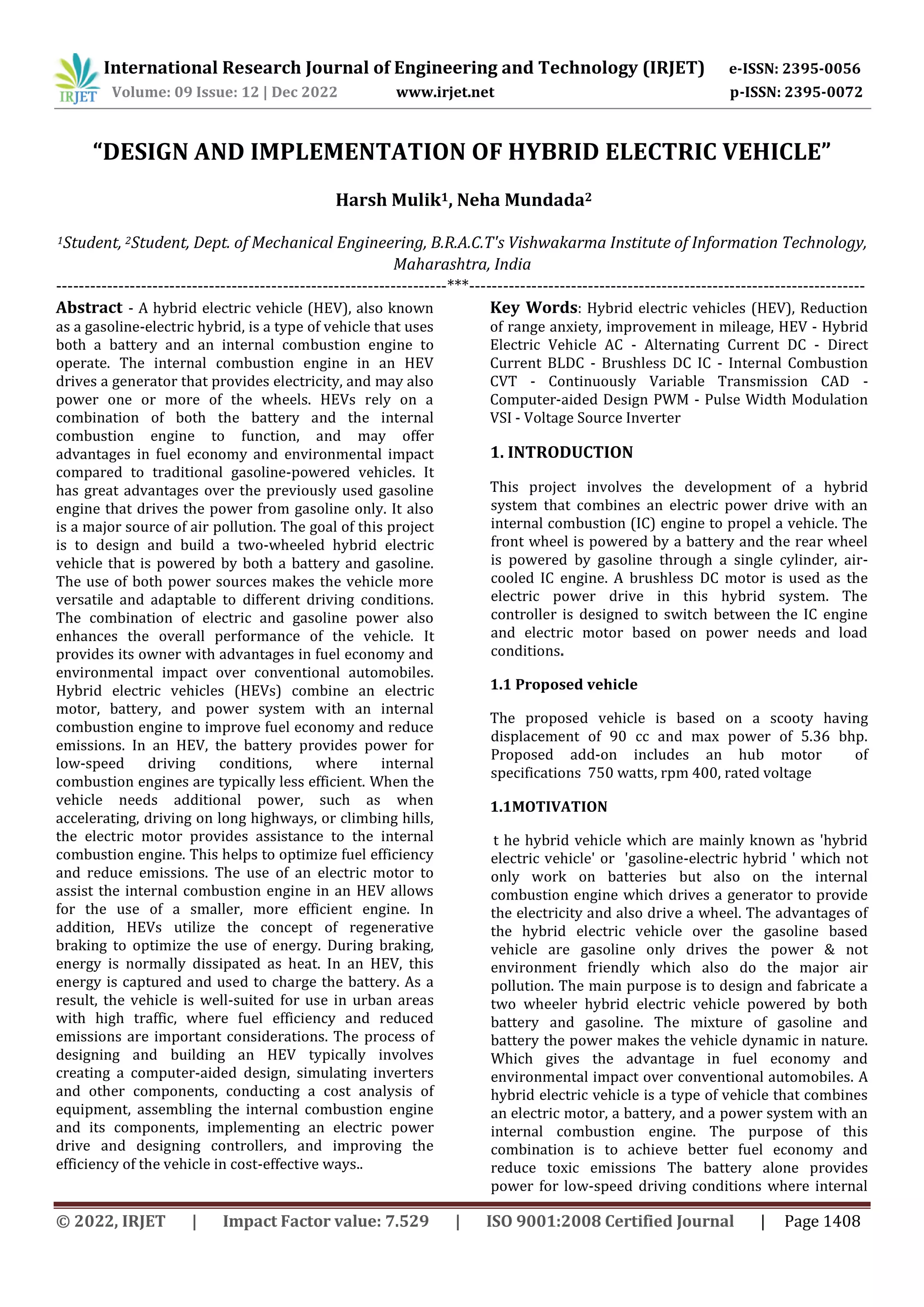 “DESIGN AND IMPLEMENTATION OF HYBRID ELECTRIC VEHICLE” | PDF