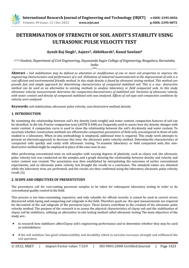 DETERMINATION OF STRENGTH OF SOIL ANDIT’S STABILITY USING ULTRASONIC ...