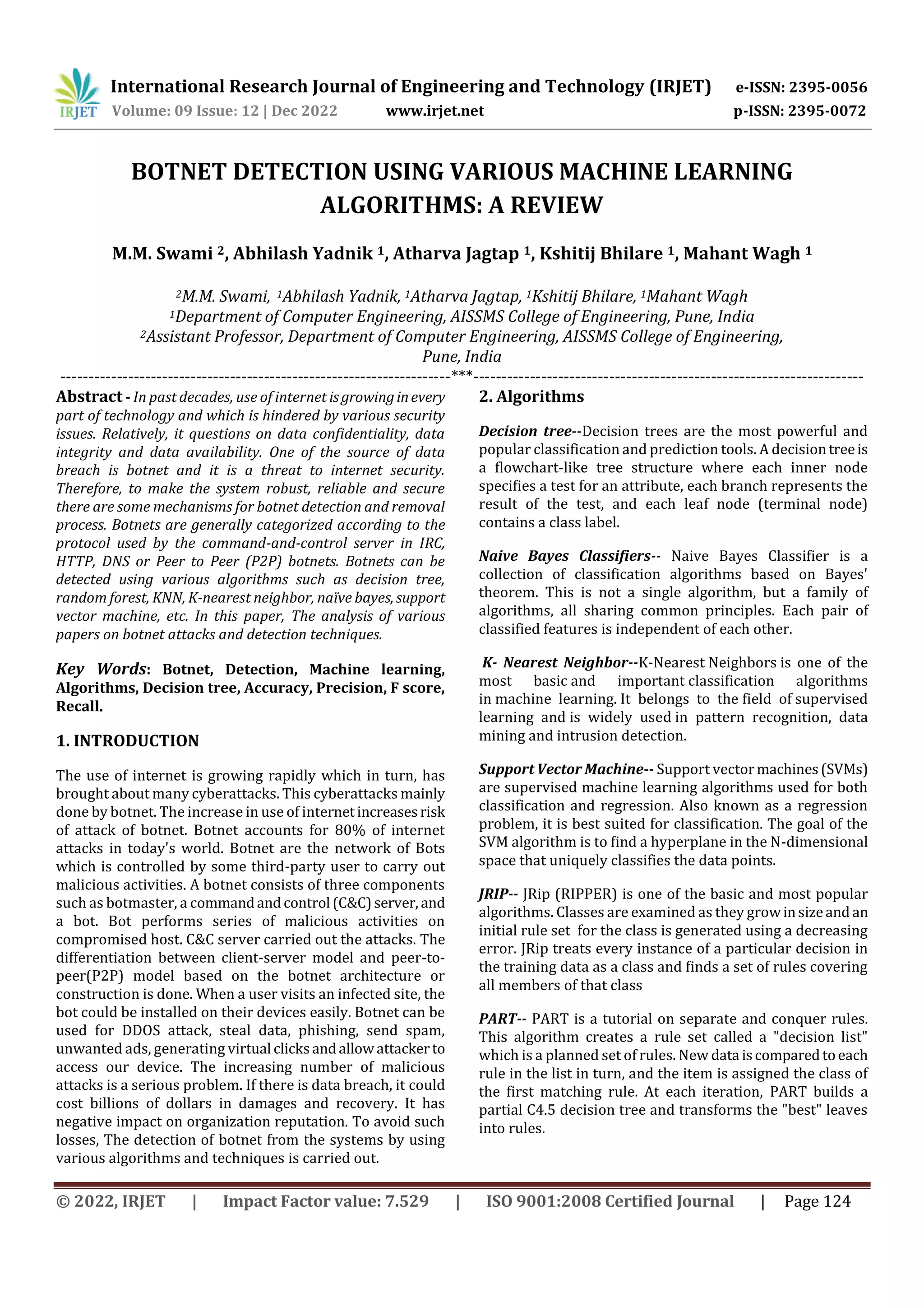 Botnet Detection Using Various Machine Learning Algorithms A Review Pdf
