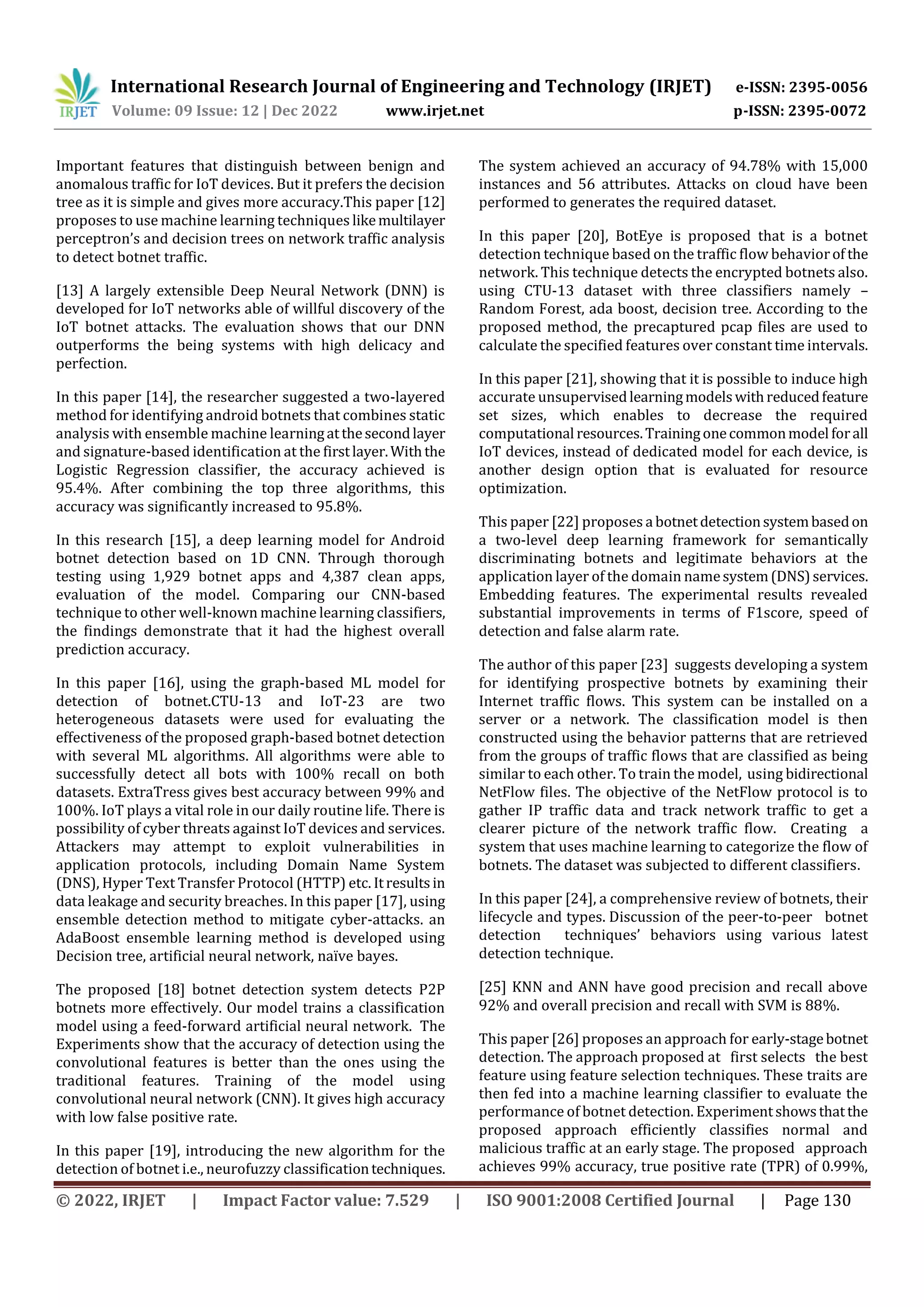 BOTNET DETECTION USING VARIOUS MACHINE LEARNING ALGORITHMS: A REVIEW | PDF