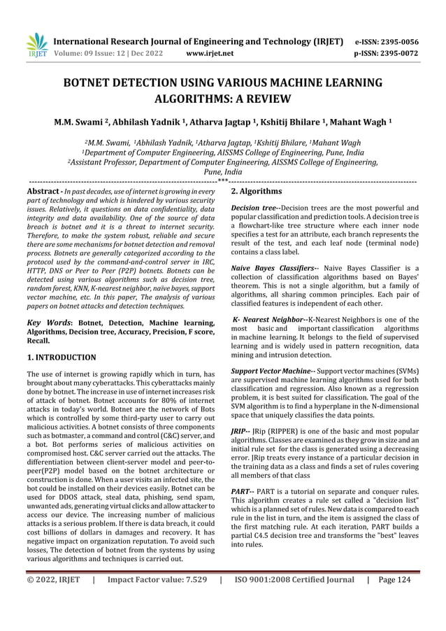 BOTNET DETECTION USING VARIOUS MACHINE LEARNING ALGORITHMS: A REVIEW | PDF | Internet | Computing