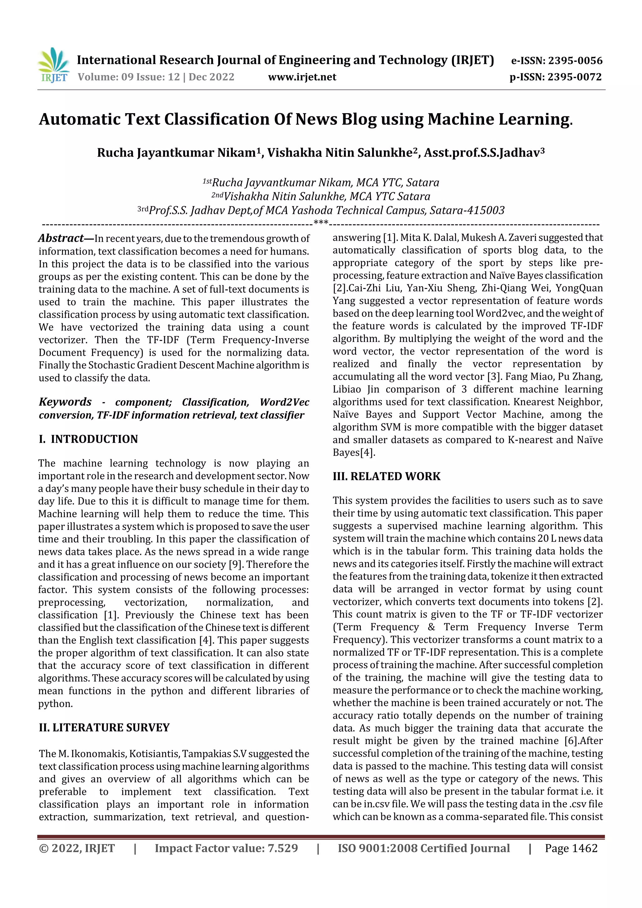 Automatic Text Classification Of News Blog using Machine Learning | PDF