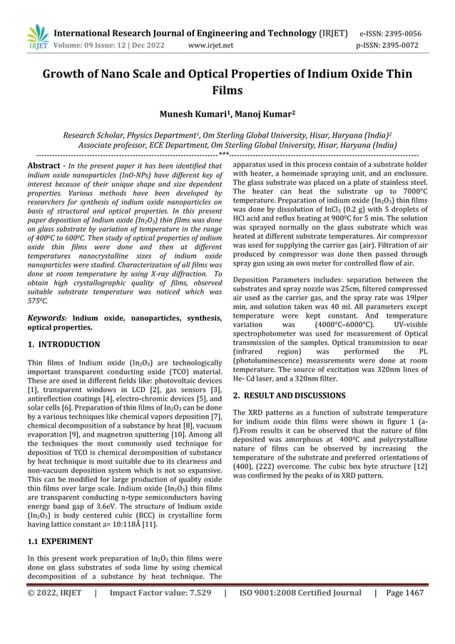 Growth of Nano Scale and Optical Properties of Indium Oxide Thin Films | PDF