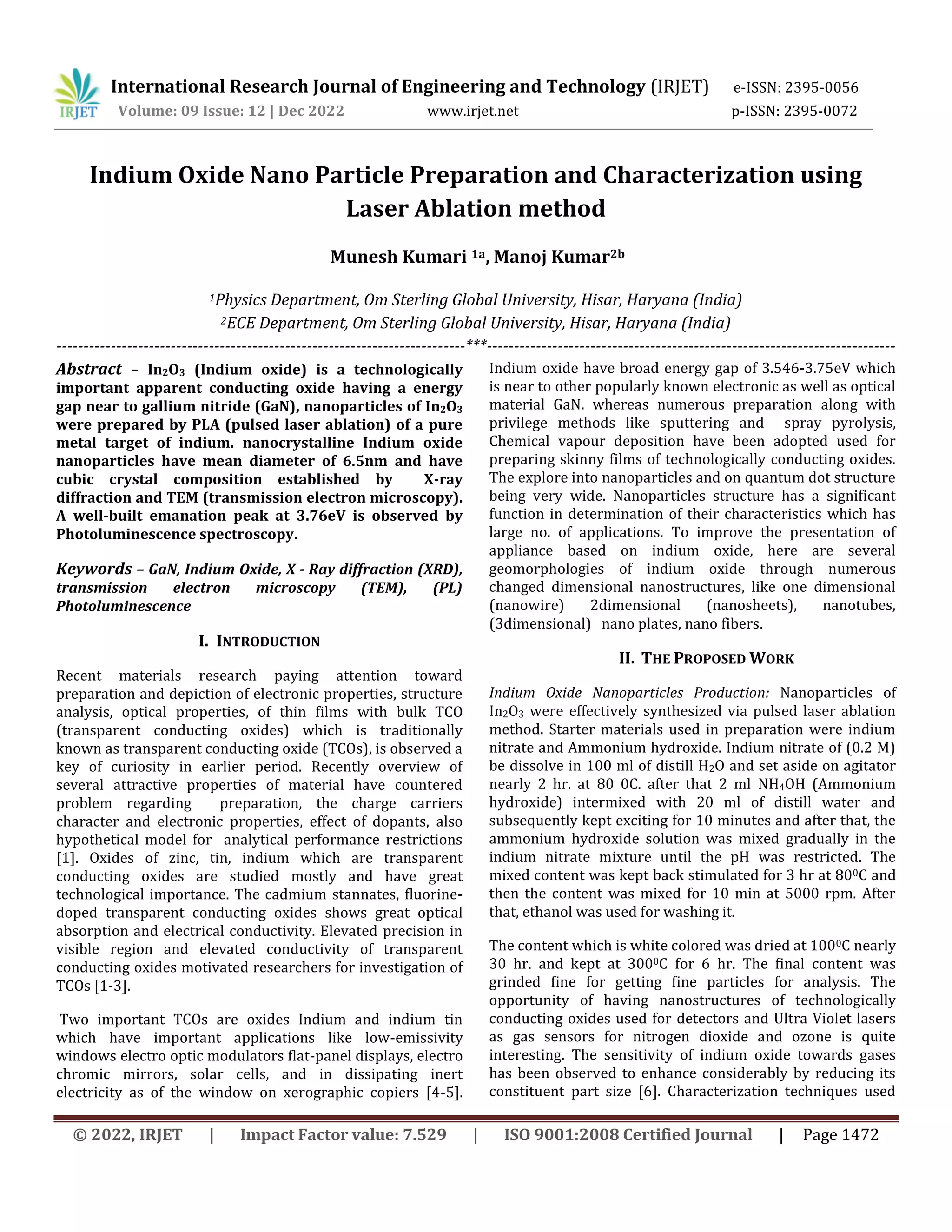 Indium Oxide Nano Particle Preparation and Characterization using Laser ...