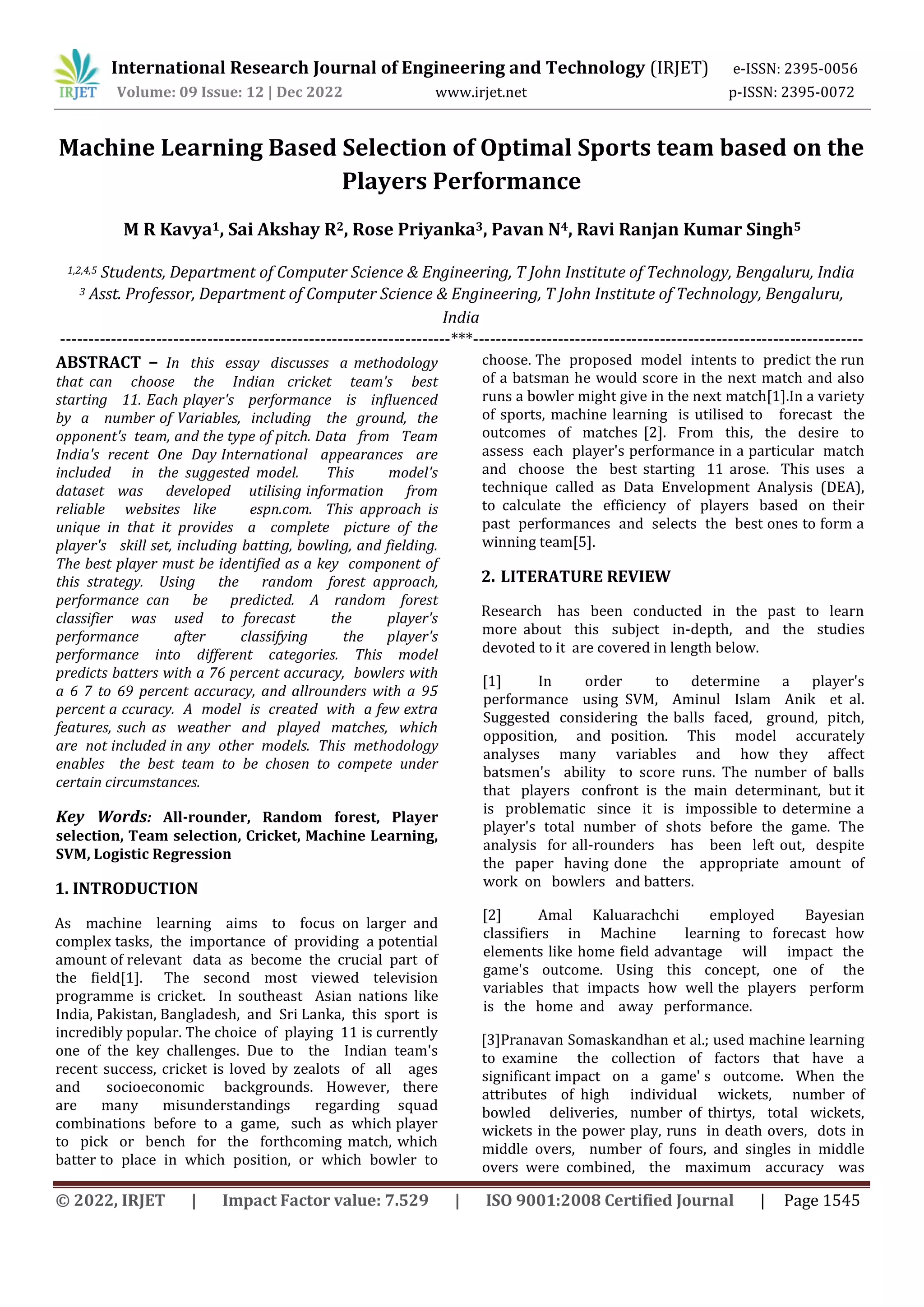 Machine Learning Based Selection of Optimal Sports team based on the ...