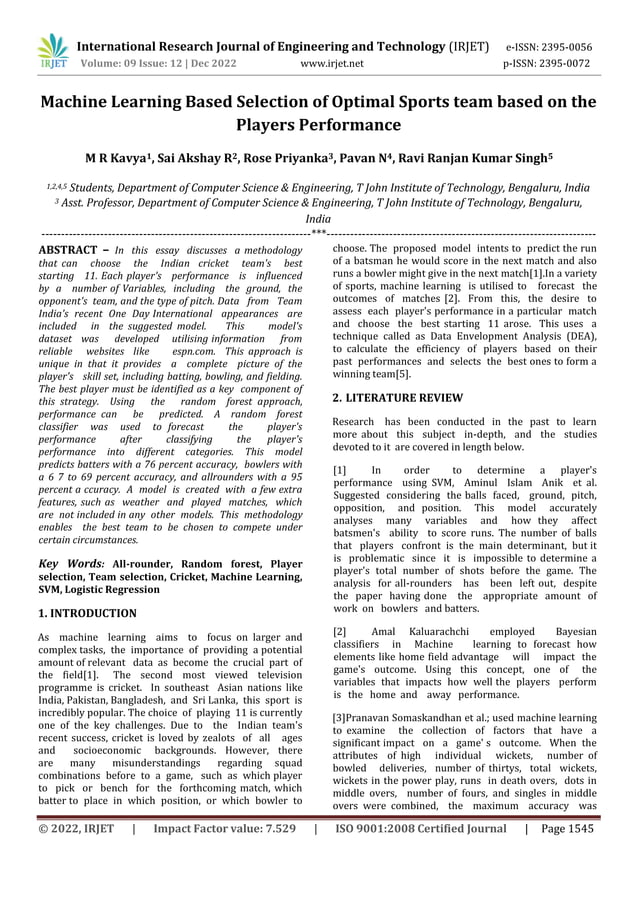 Machine Learning Based Selection of Optimal Sports team based on the ...
