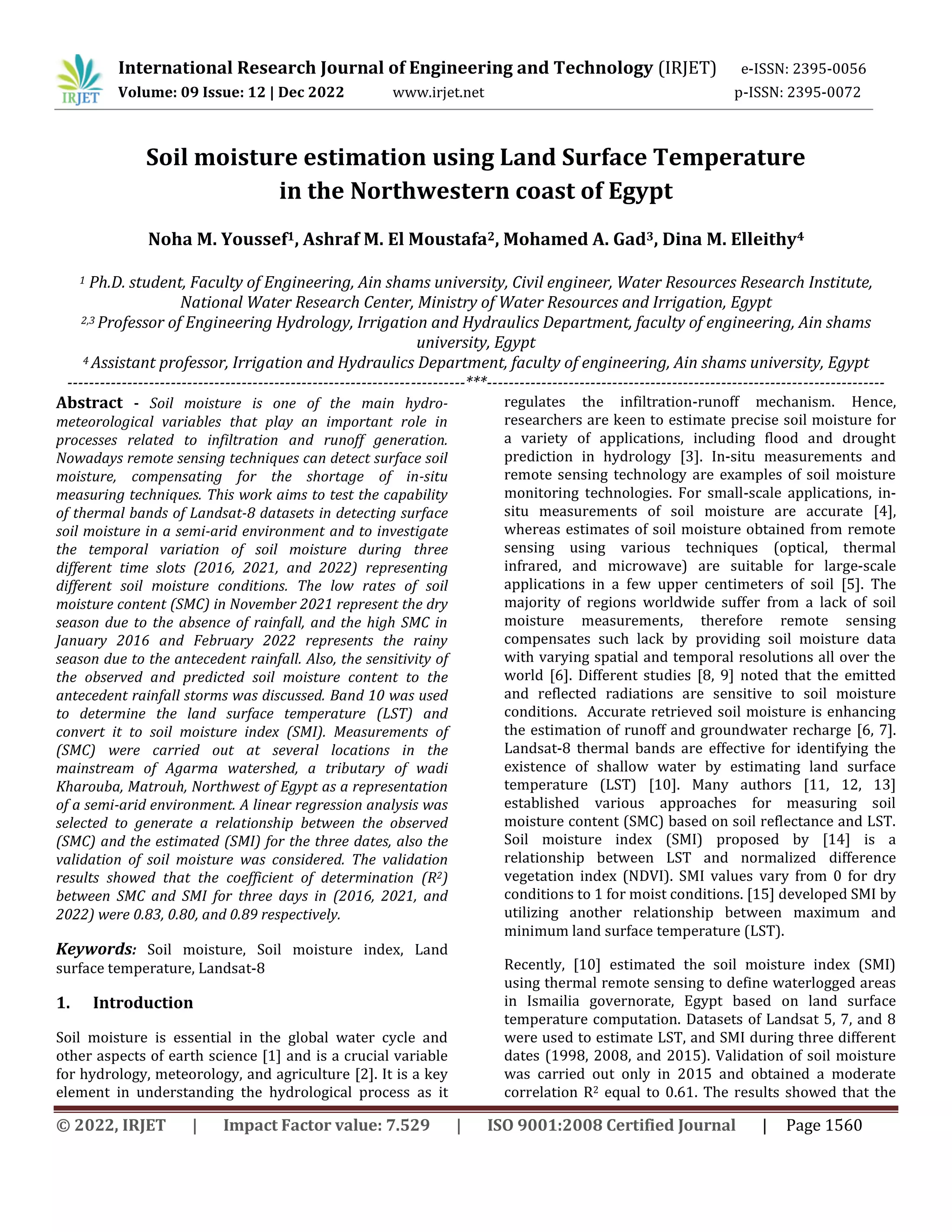 Soil moisture estimation using Land Surface Temperature in the Northwestern coast of Egypt | PDF