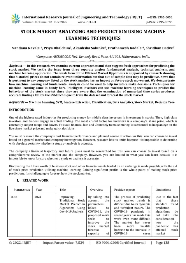 STOCK MARKET ANALYZING AND PREDICTION USING MACHINE LEARNING TECHNIQUES | PDF