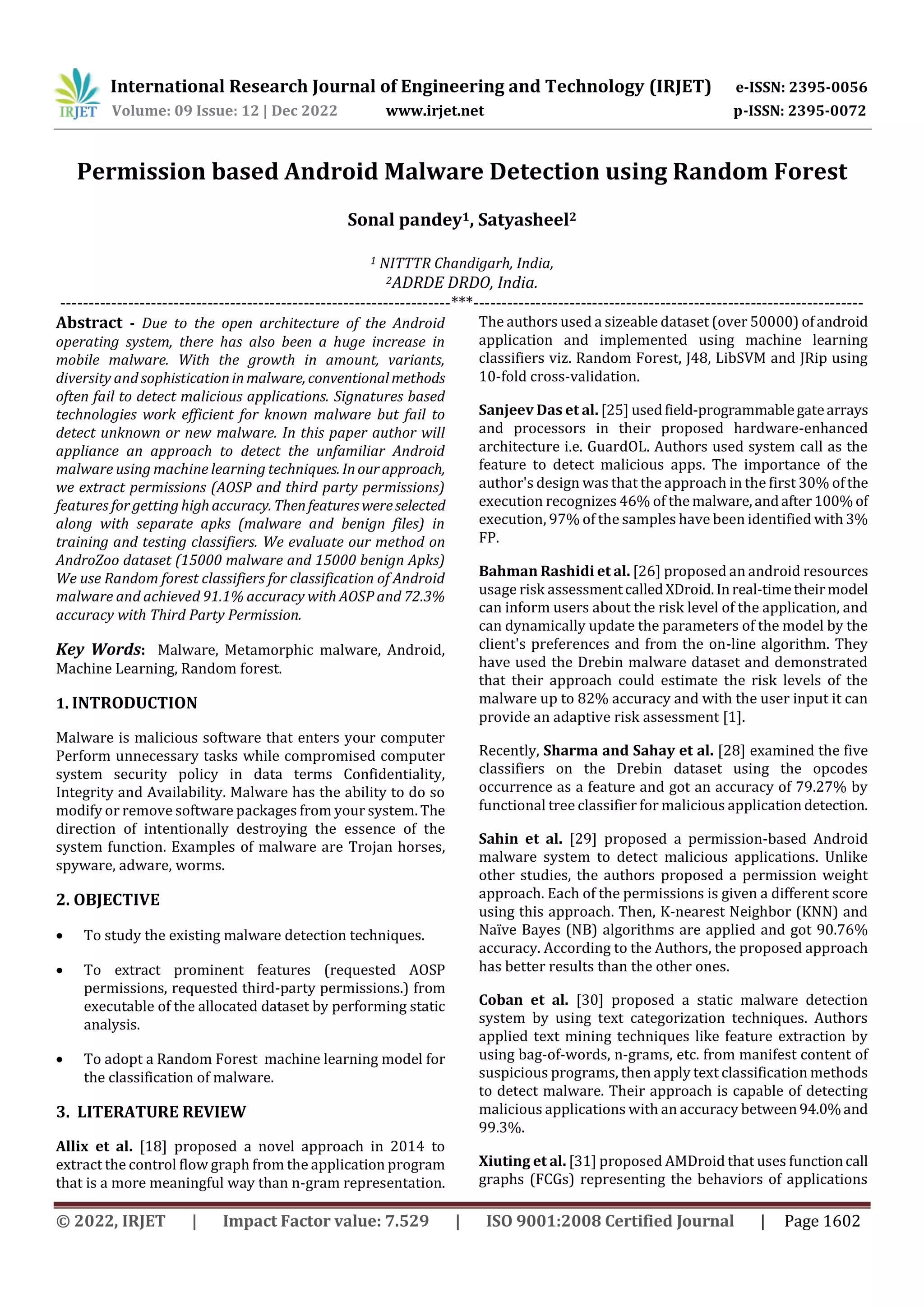 Permission Based Android Malware Detection Using Random Forest Pdf Operating Systems