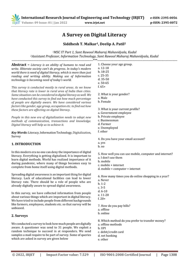 A Survey on Digital Literacy | PDF | Internet for Beginners | Internet