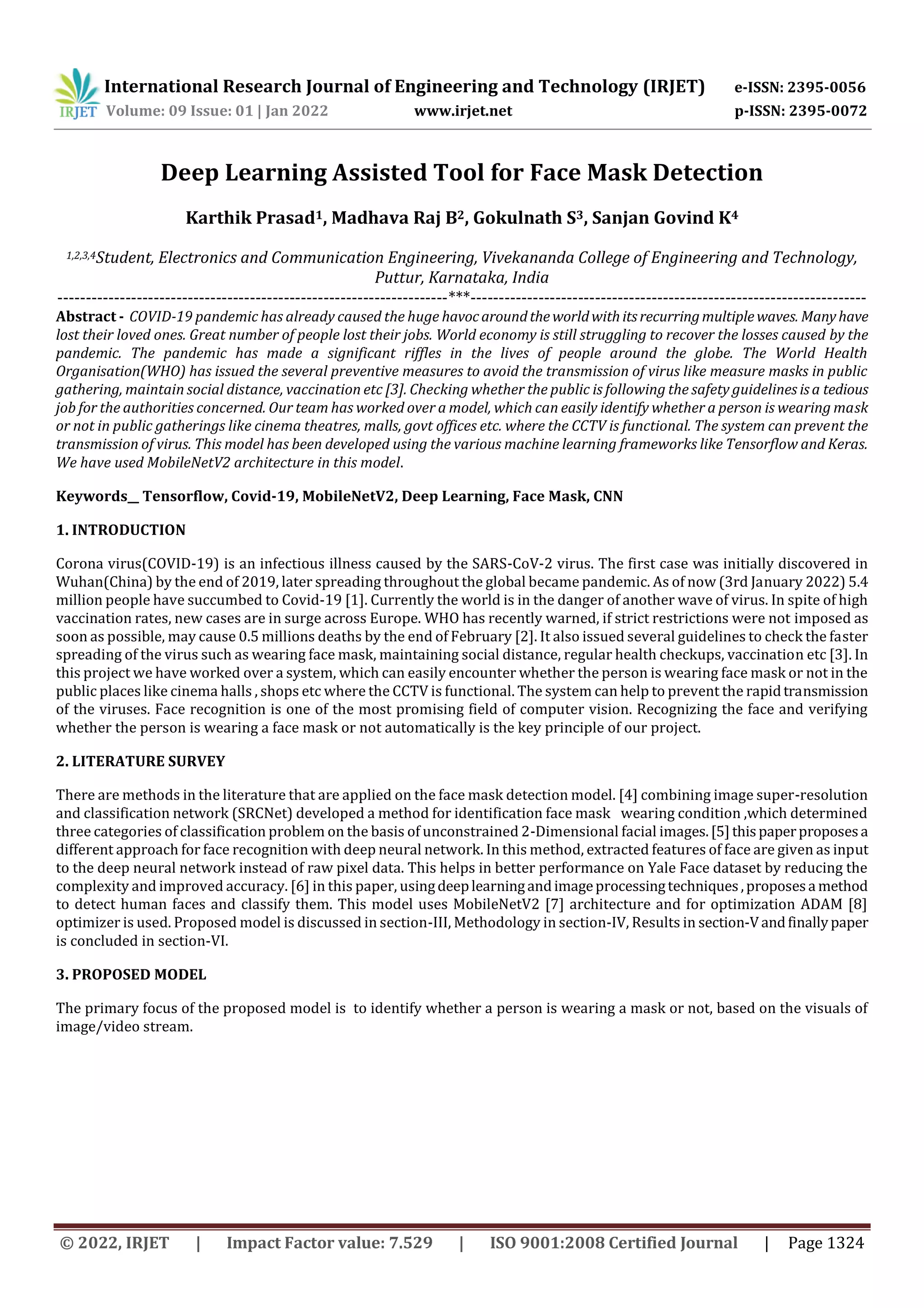 Deep Learning Assisted Tool for Face Mask Detection | PDF