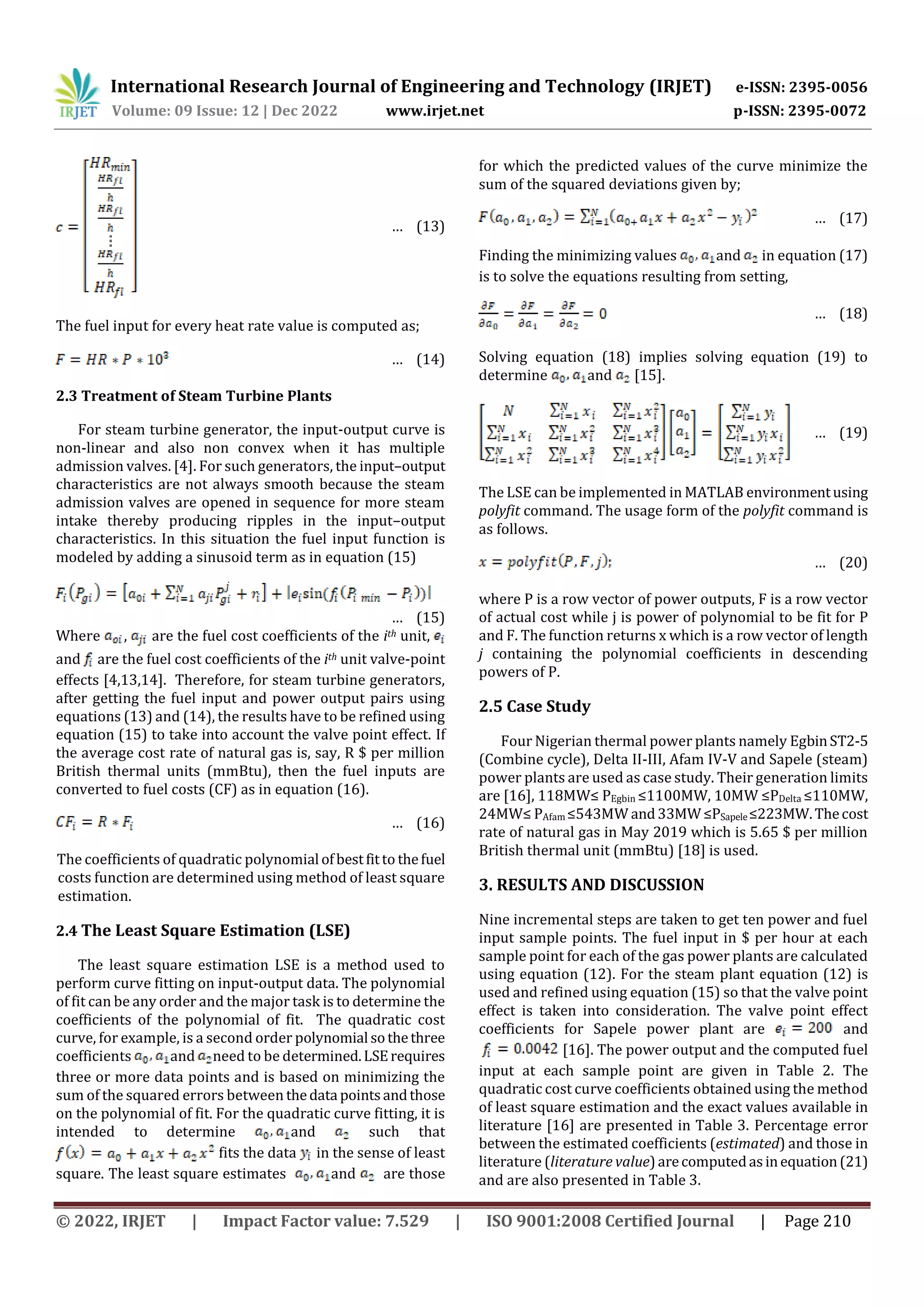 Estimating Quadratic Cost Curve Coefficients of Thermal Power Plant Without Using Fuel Input ...
