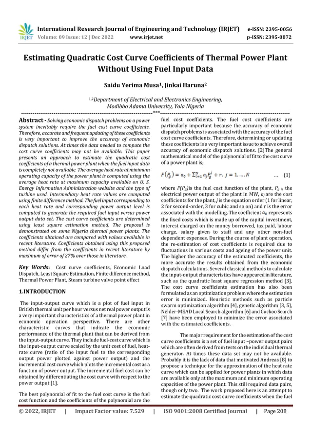 Estimating Quadratic Cost Curve Coefficients of Thermal Power Plant Without Using Fuel Input ...