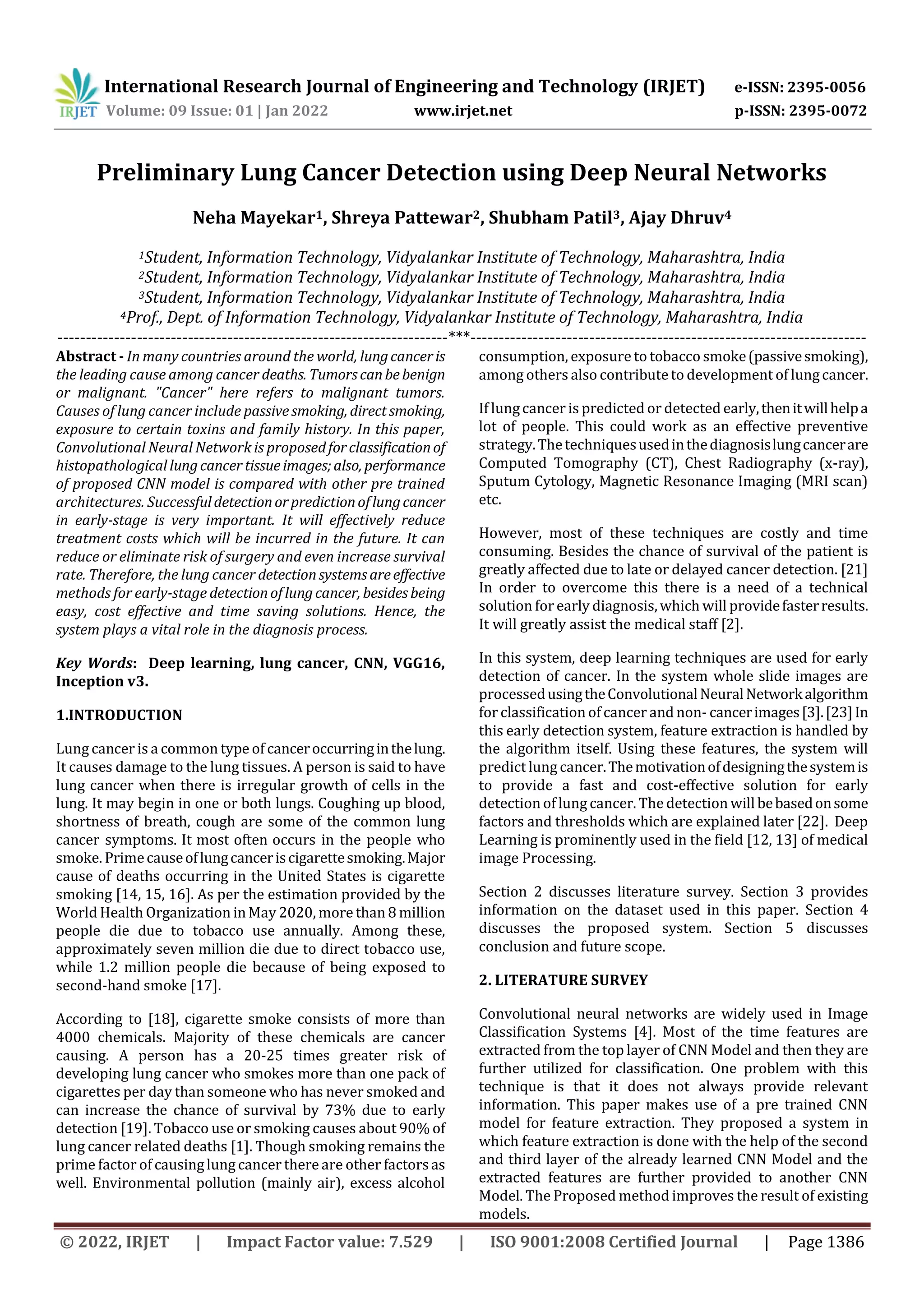 Preliminary Lung Cancer Detection Using Deep Neural Networks Pdf