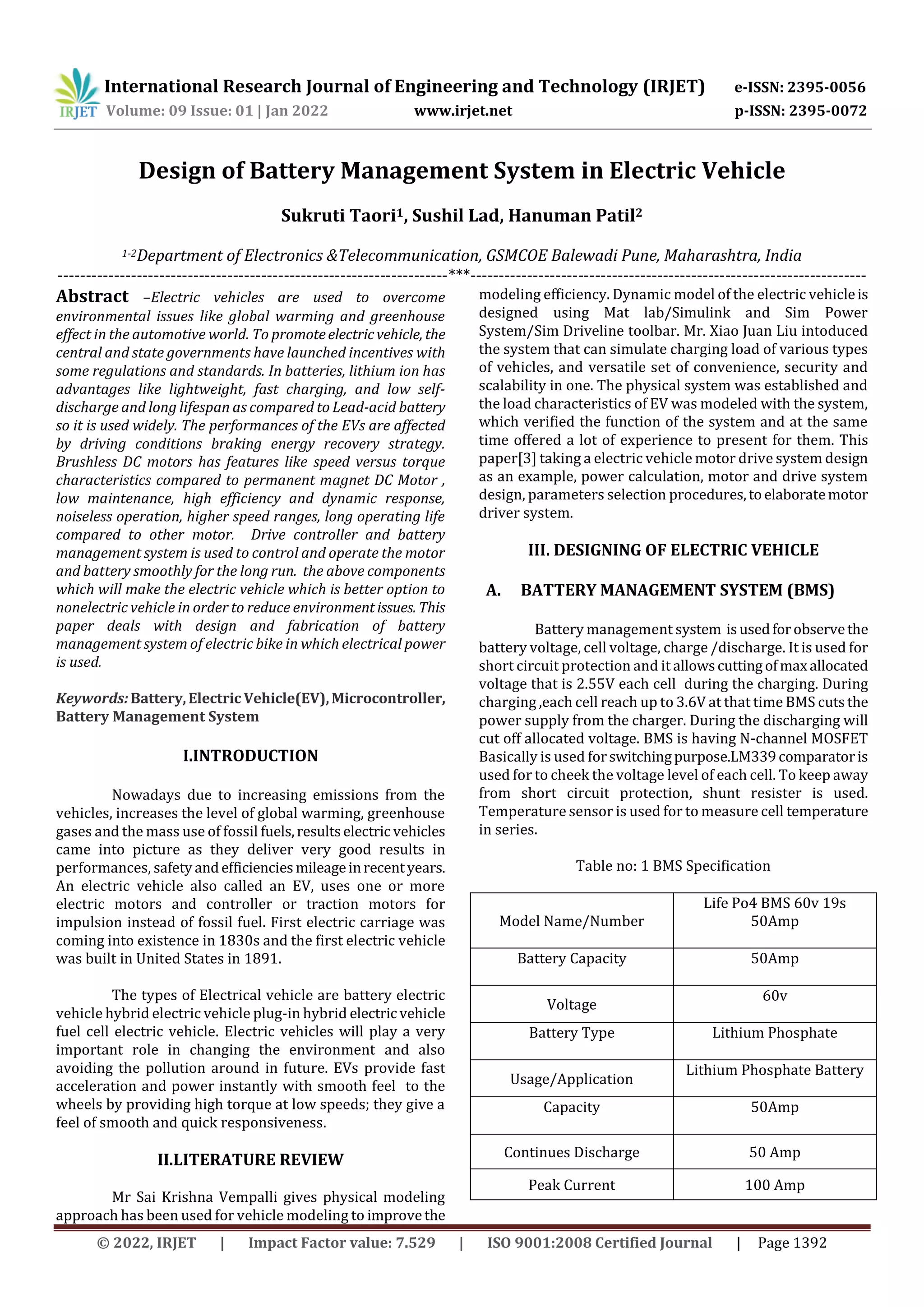 Design of Battery Management System in Electric Vehicle | PDF