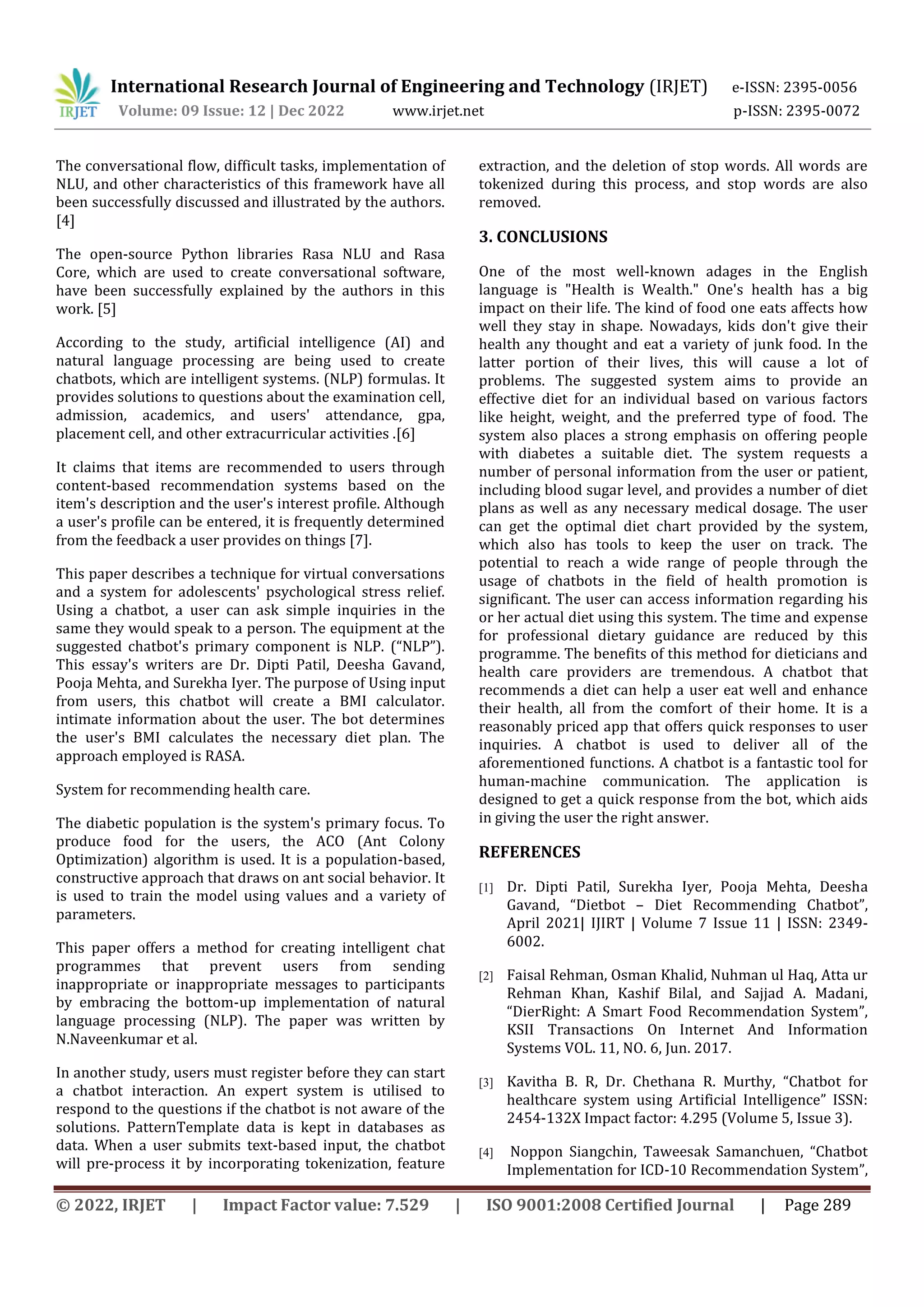 Survey paper on AI chatbot on intelligent nutritionist | PDF