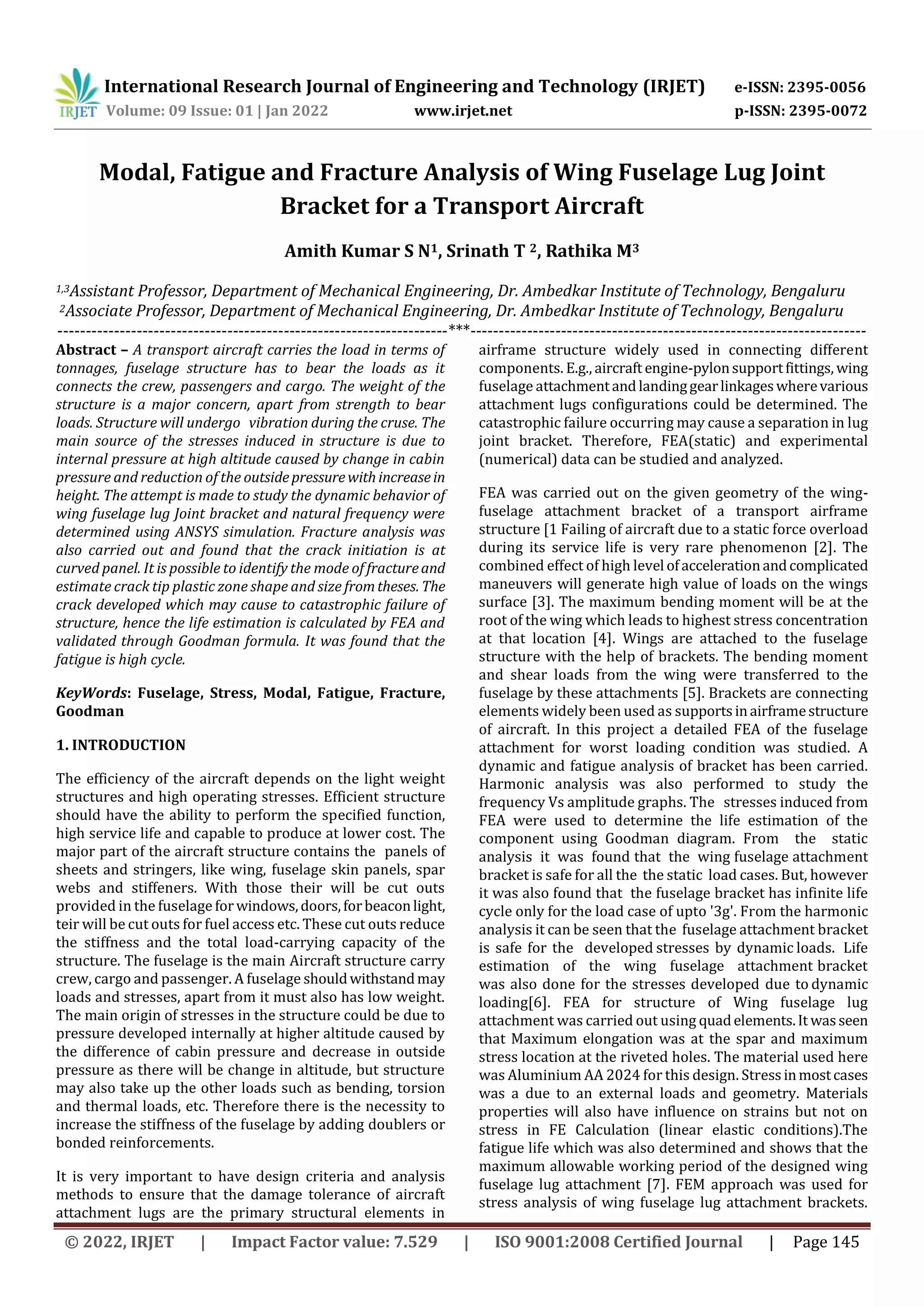 Modal, Fatigue and Fracture Analysis of Wing Fuselage Lug Joint Bracket ...
