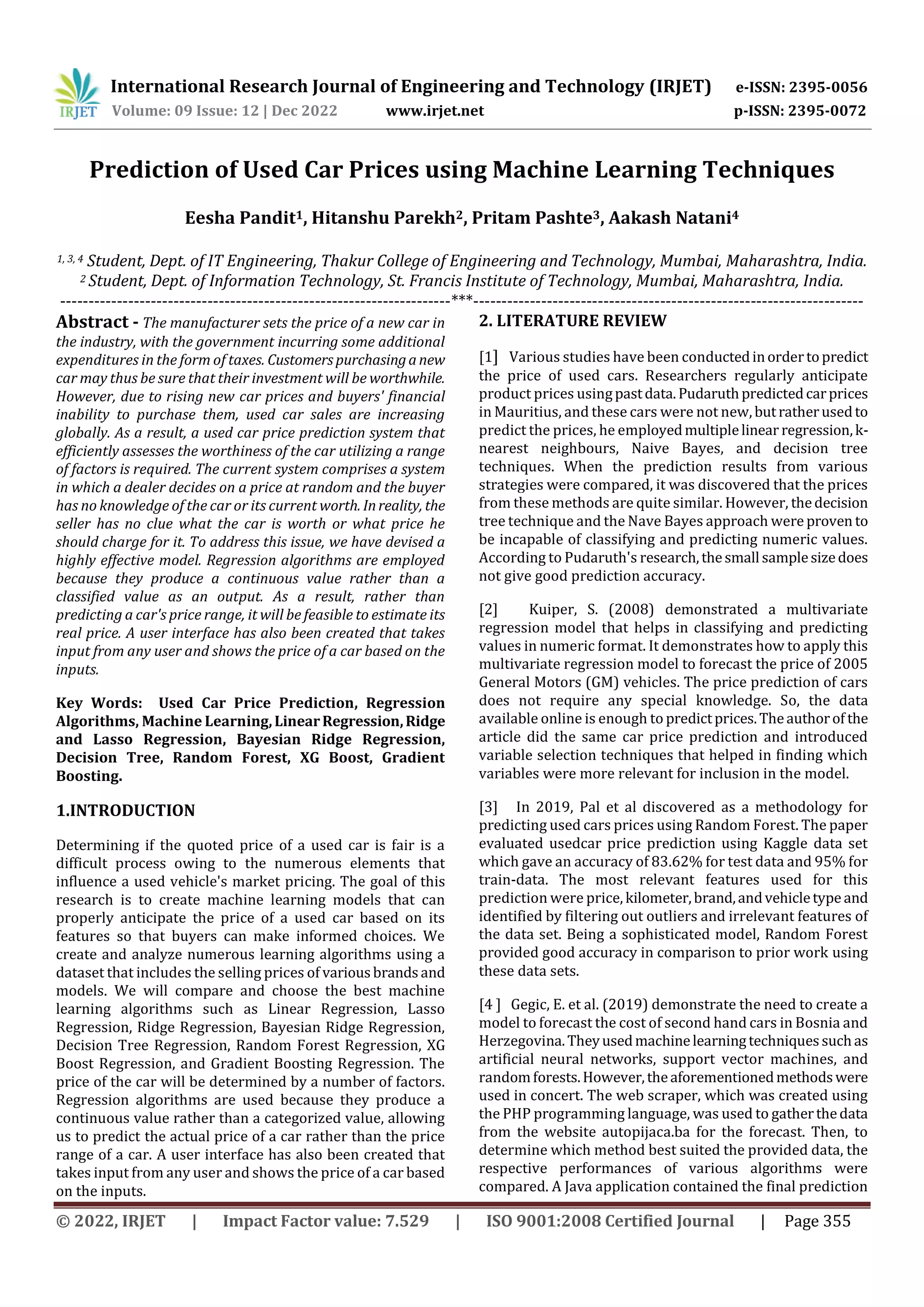 Prediction of Used Car Prices using Machine Learning Techniques | PDF