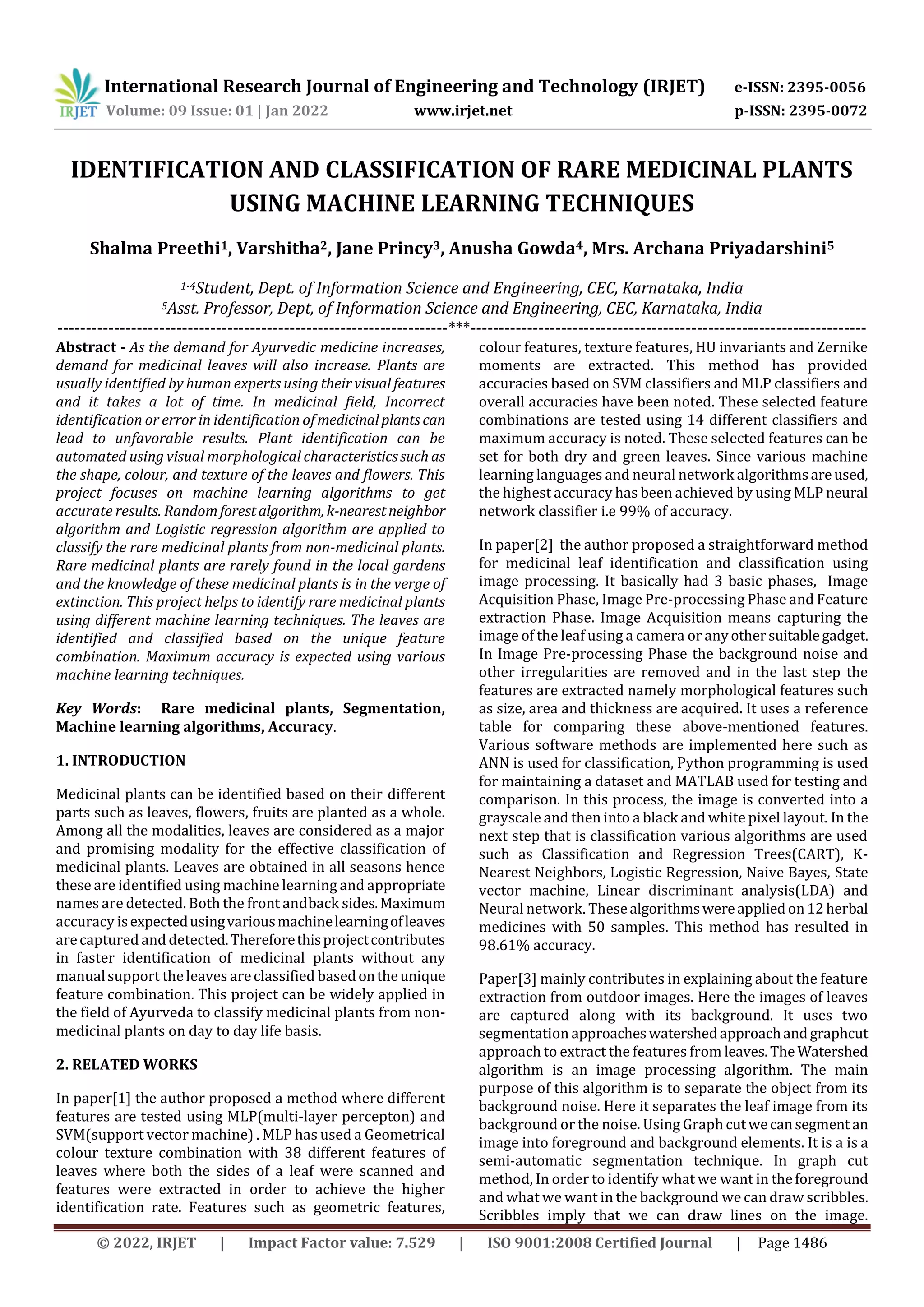 IDENTIFICATION AND CLASSIFICATION OF RARE MEDICINAL PLANTS USING MACHINE LEARNING TECHNIQUES | PDF