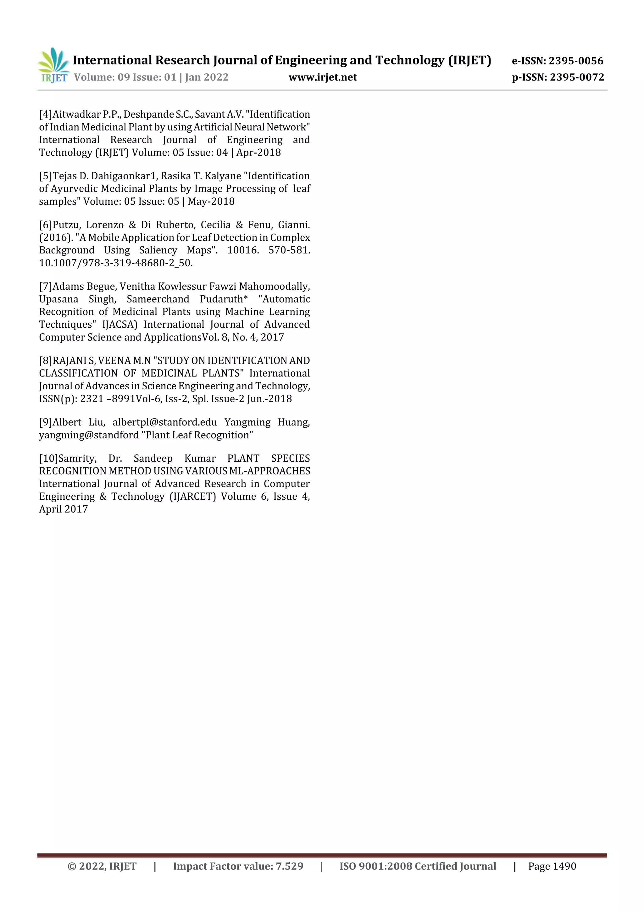 IDENTIFICATION AND CLASSIFICATION OF RARE MEDICINAL PLANTS USING MACHINE LEARNING TECHNIQUES | PDF