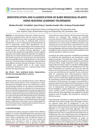 IDENTIFICATION AND CLASSIFICATION OF RARE MEDICINAL PLANTS USING ...