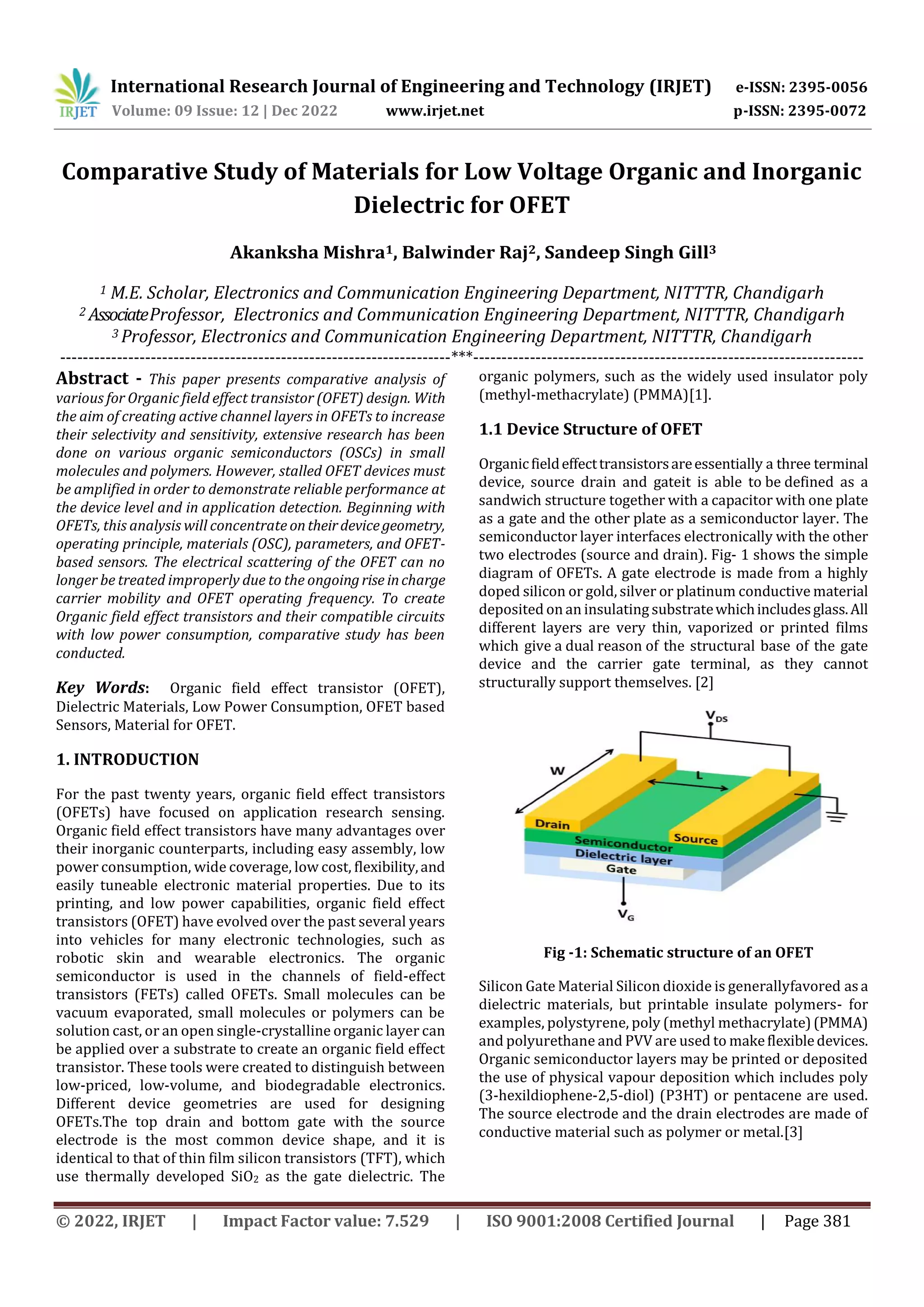 Comparative Study of Materials for Low Voltage Organic and Inorganic ...