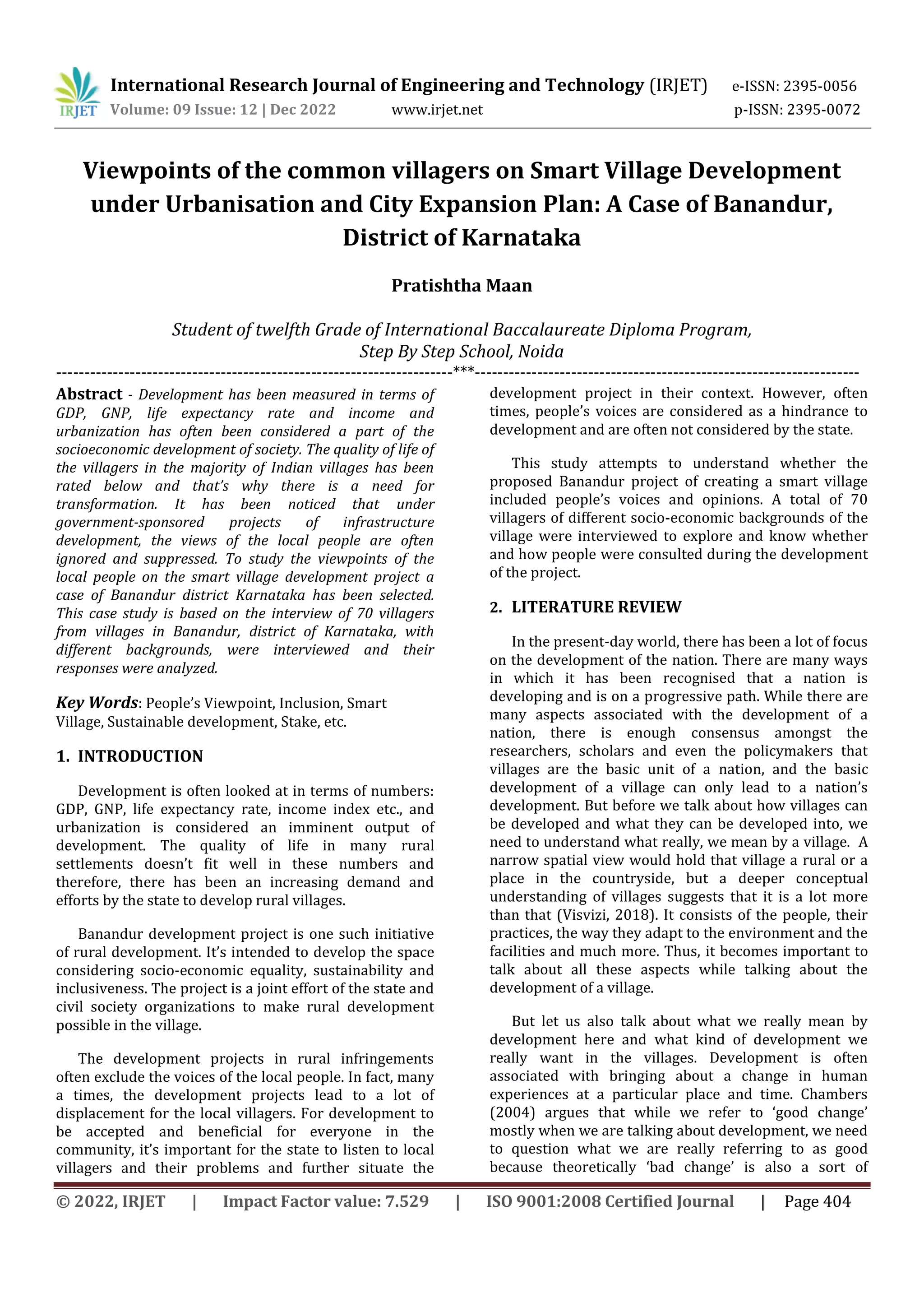 Viewpoints of the common villagers on Smart Village Development under ...
