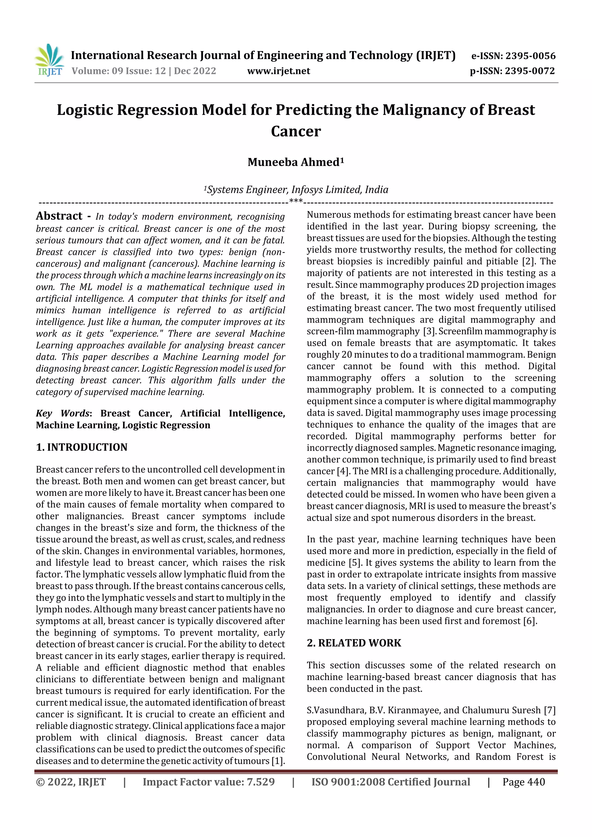 Logistic Regression Model for Predicting the Malignancy of Breast ...