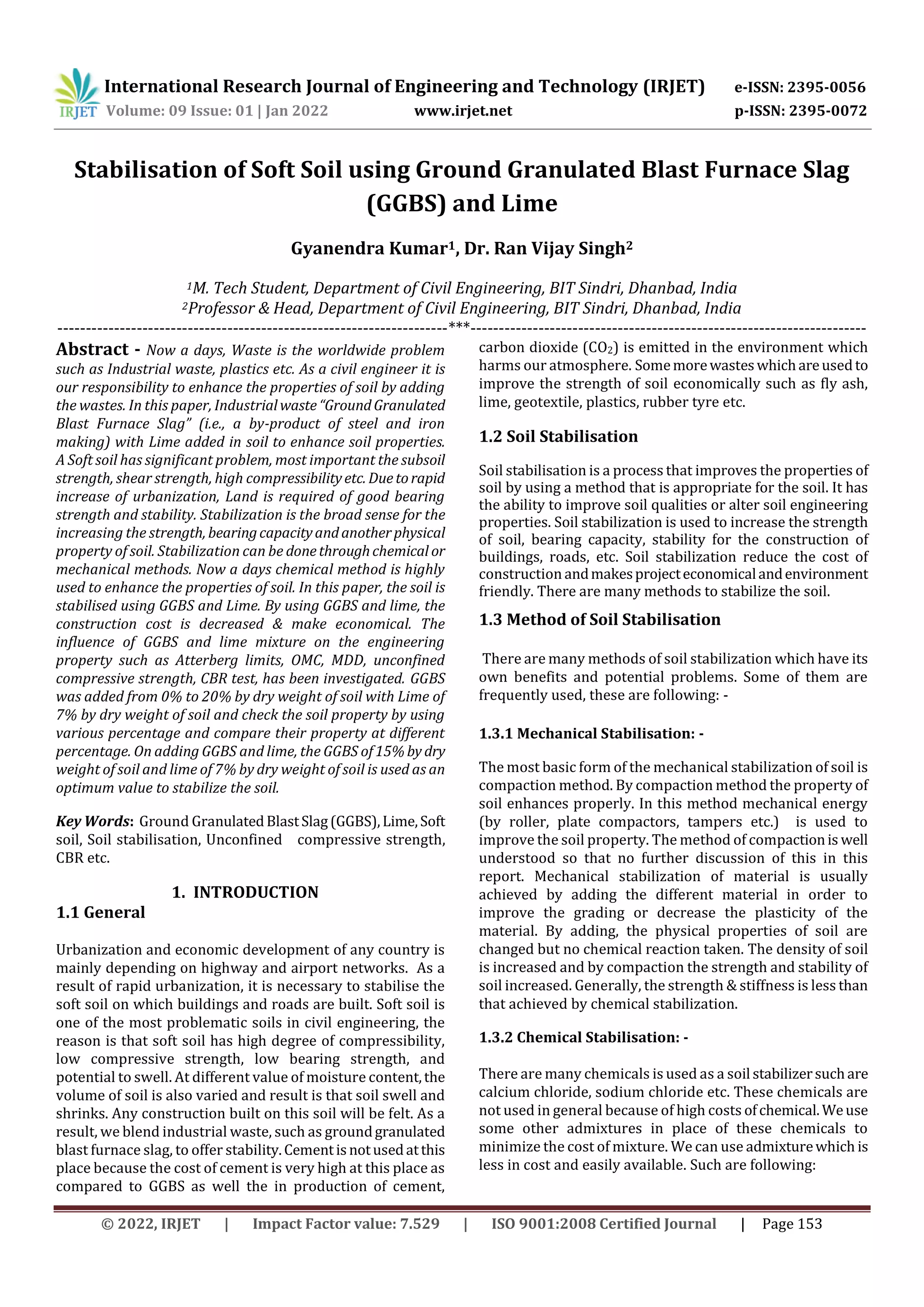 Stabilisation of Soft Soil using Ground Granulated Blast Furnace Slag (GGBS) and Lime | PDF