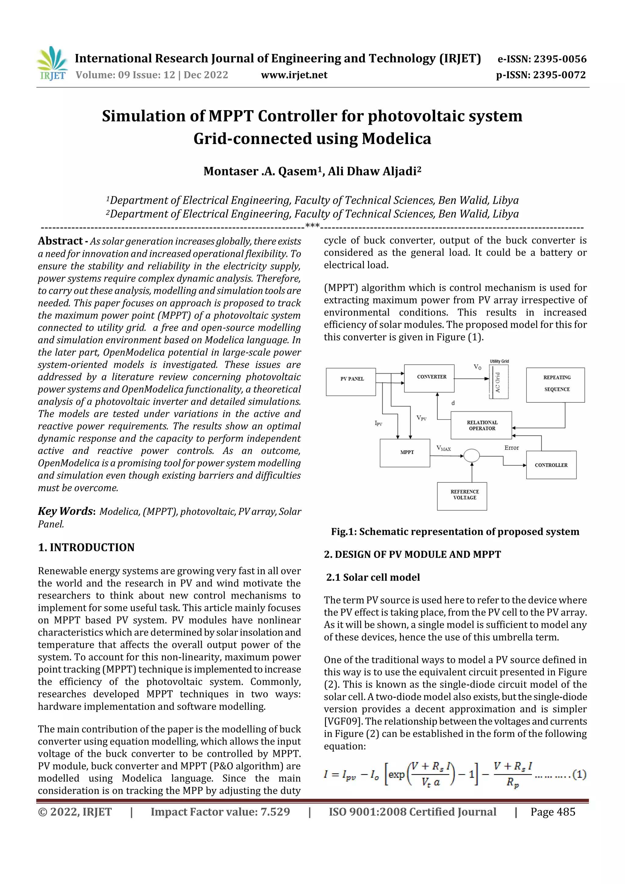 Simulation of MPPT Controller for photovoltaic system Grid-connected using Modelica | PDF