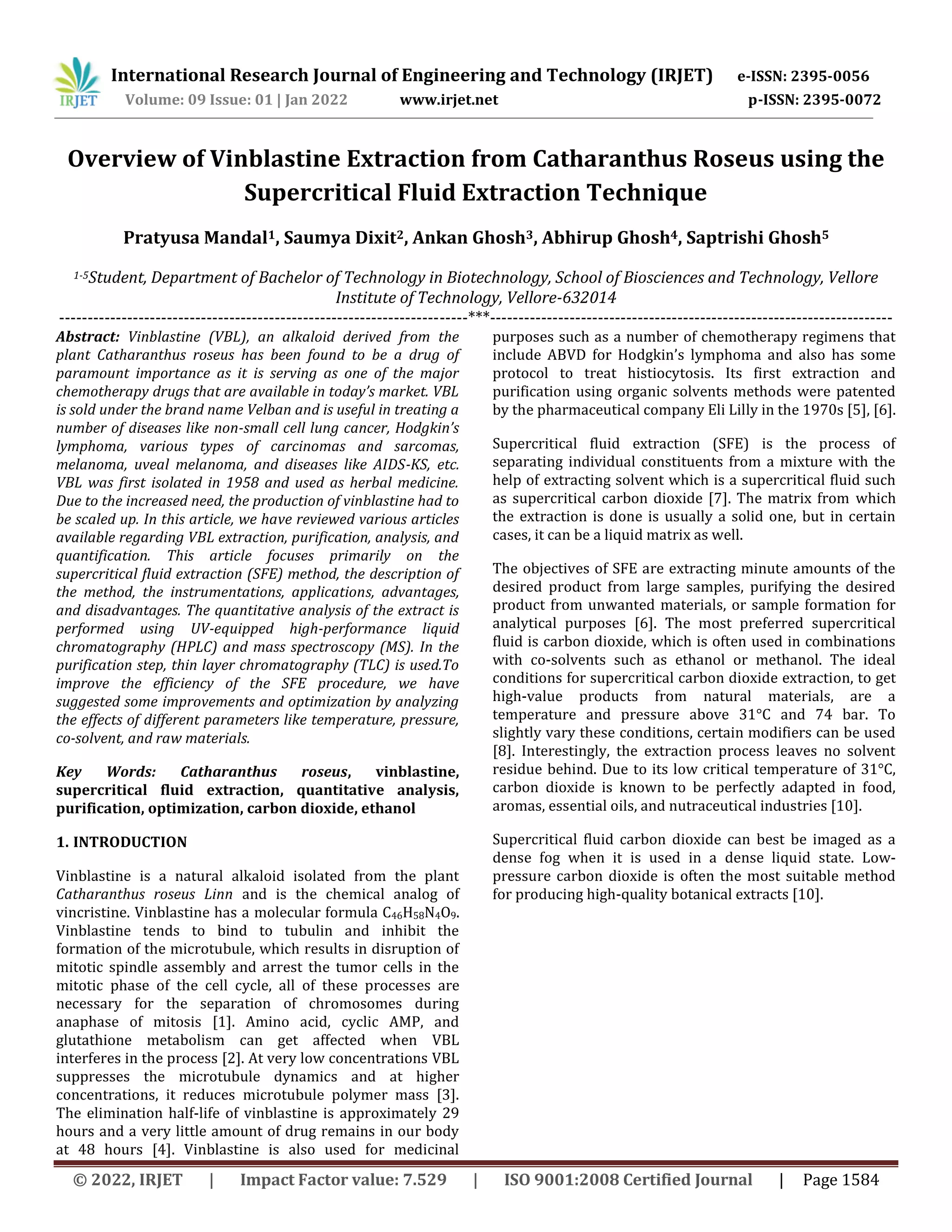 Overview of Vinblastine Extraction from Catharanthus Roseus using the ...