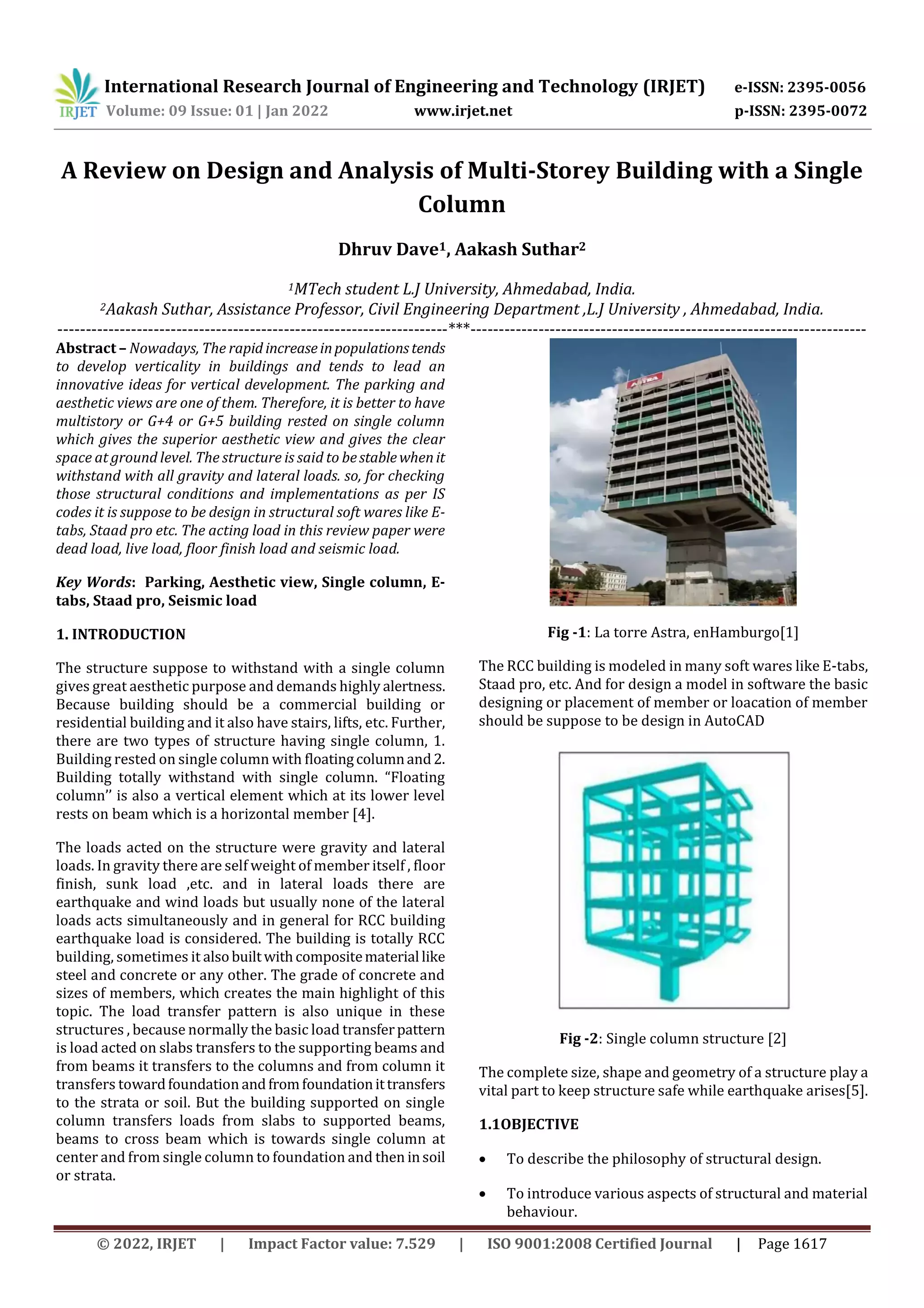 A Review on Design and Analysis of Multi-Storey Building with a Single Column | PDF