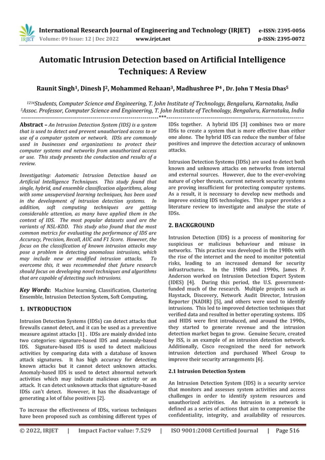 Review of Automatic Intrusion Detection based on Artificial Intelligence Techniques | PDF
