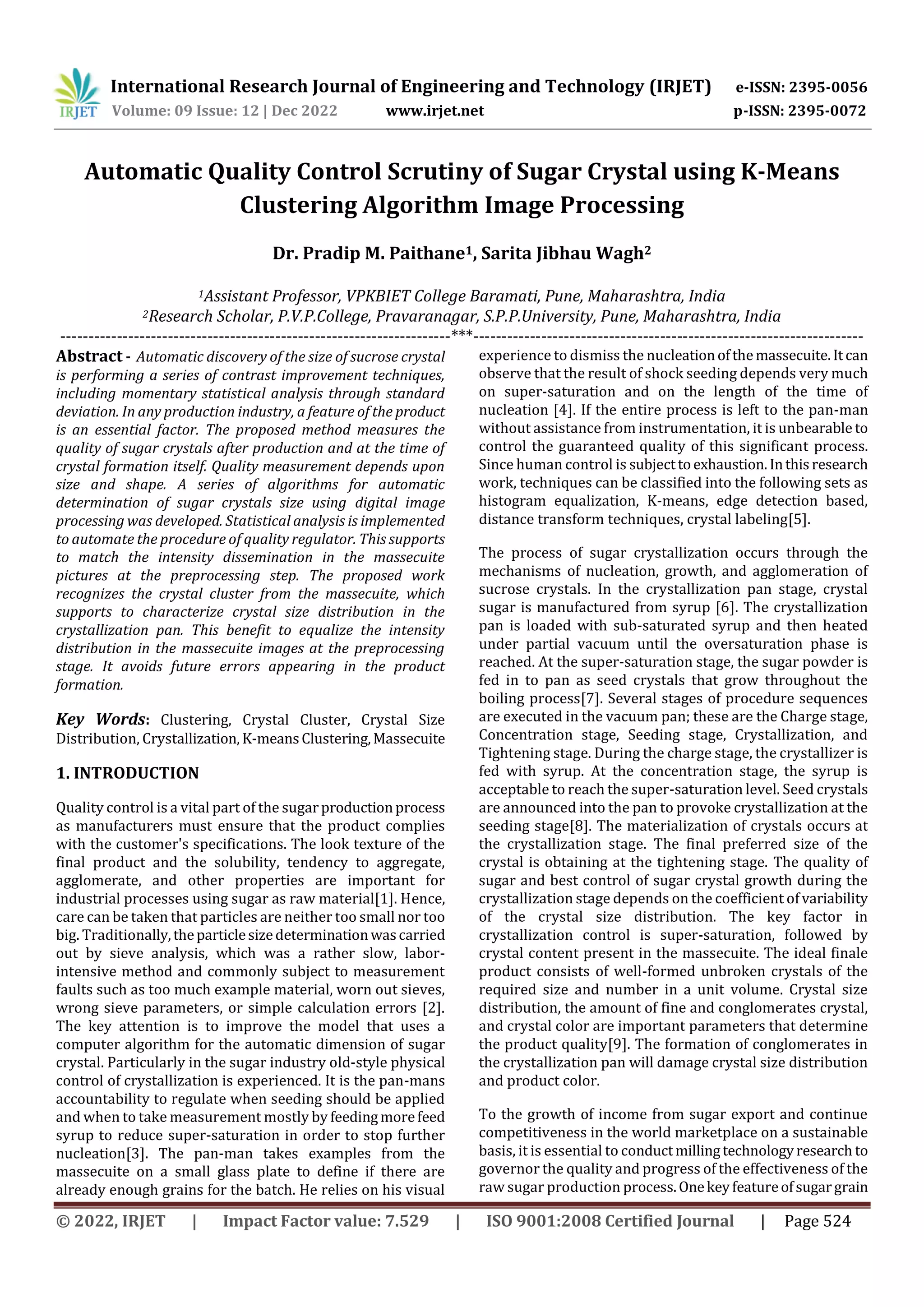 Automatic Quality Control Scrutiny of Sugar Crystal using K-Means Clustering Algorithm Image ...