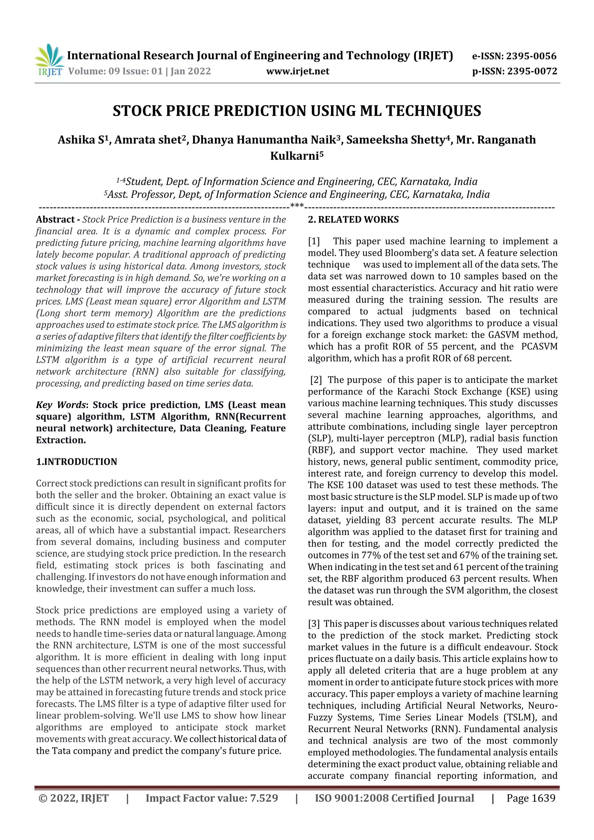 STOCK PRICE PREDICTION USING ML TECHNIQUES | PDF