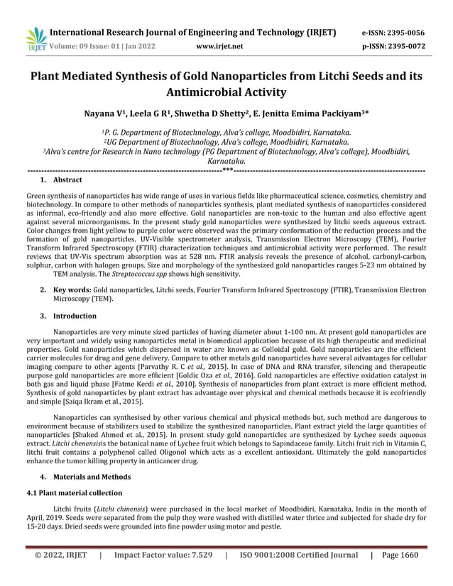 Plant Mediated Synthesis of Gold Nanoparticles from Litchi Seeds and its Antimicrobial Activity ...