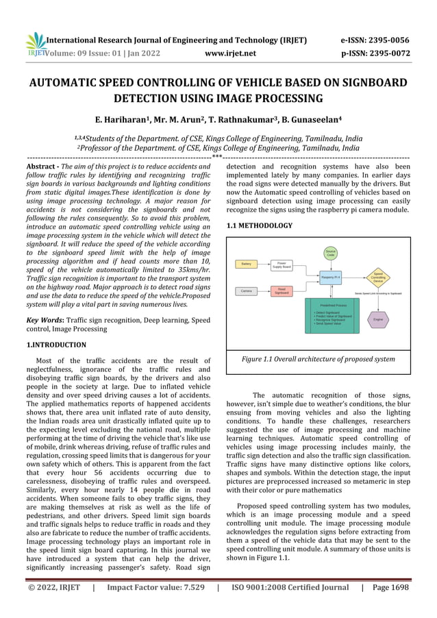 AUTOMATIC SPEED CONTROLLING OF VEHICLE BASED ON SIGNBOARD DETECTION USING IMAGE PROCESSING | PDF