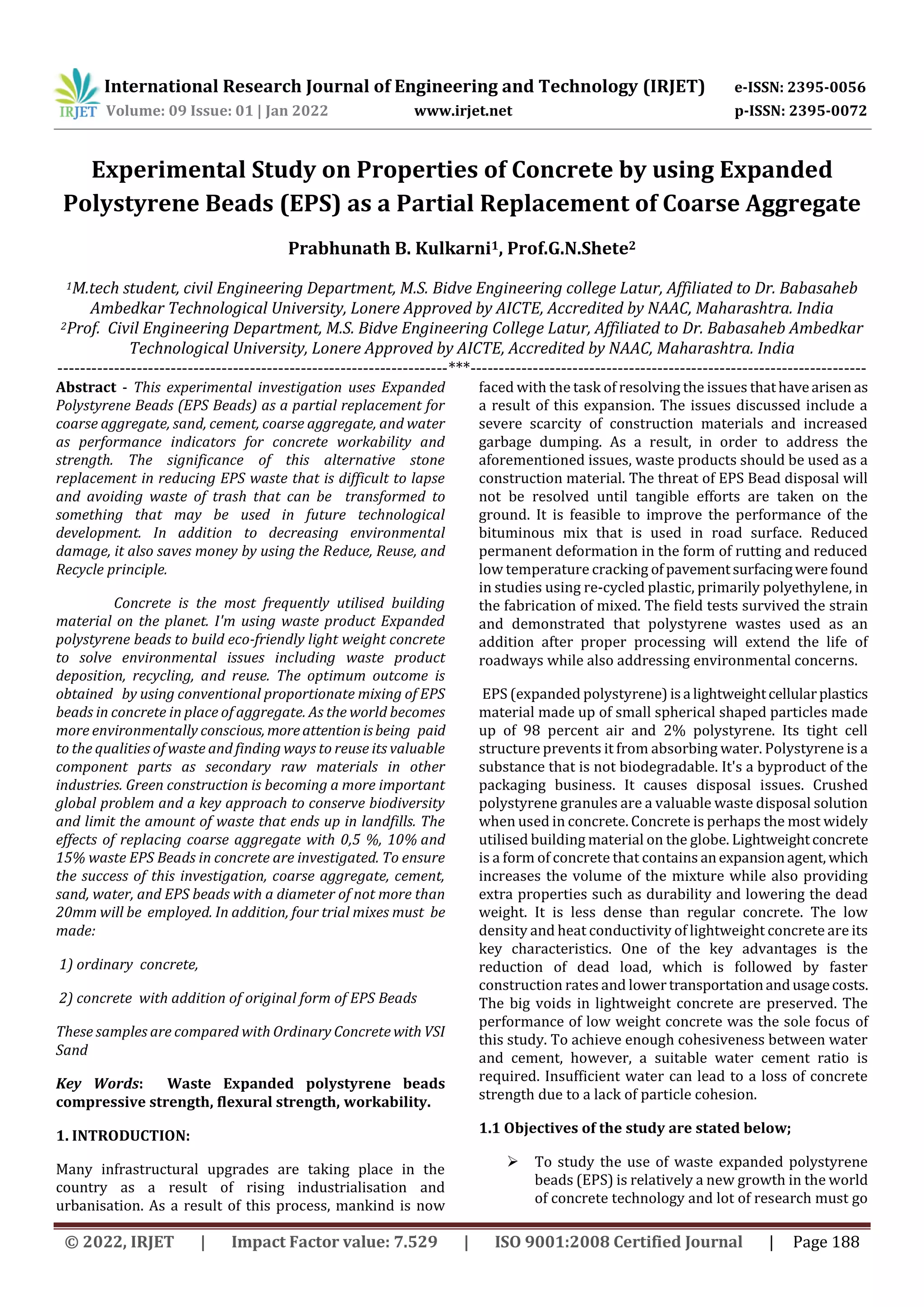 Experimental Study on Properties of Concrete by using Expanded ...