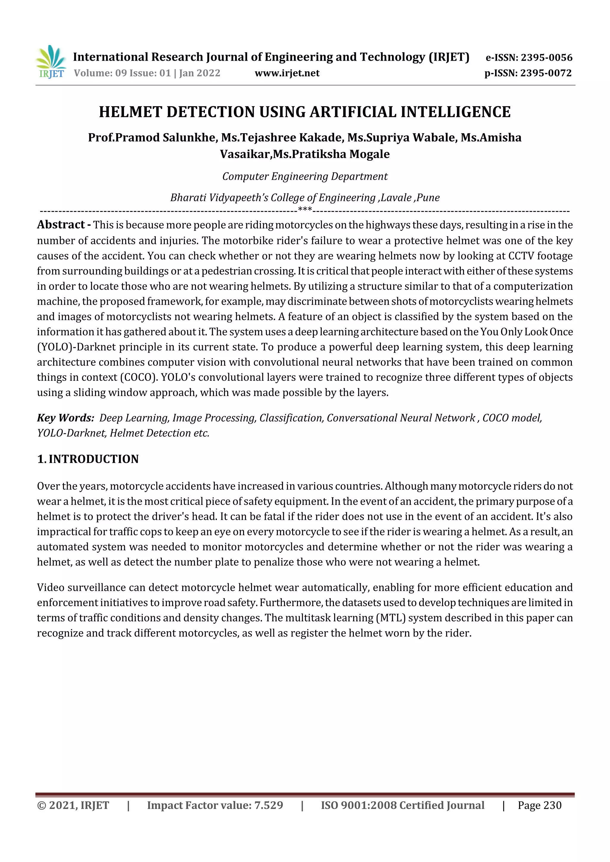 HELMET DETECTION USING ARTIFICIAL INTELLIGENCE | PDF