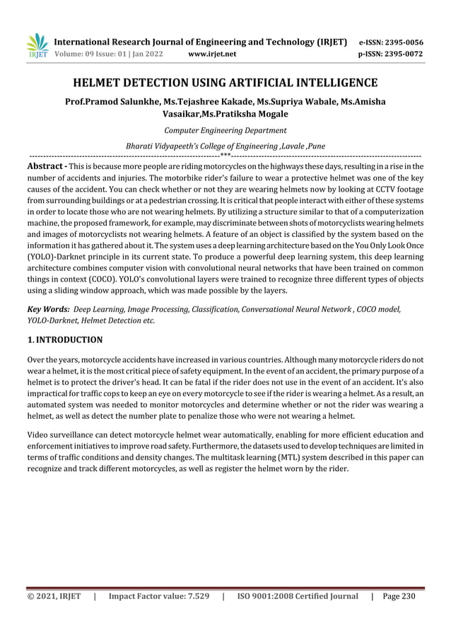 HELMET DETECTION USING ARTIFICIAL INTELLIGENCE | PDF