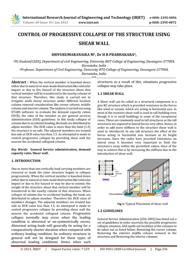CONTROL OF PROGRESSIVE COLLAPSE OF THE STRUCTURE USING SHEAR WALL | PDF