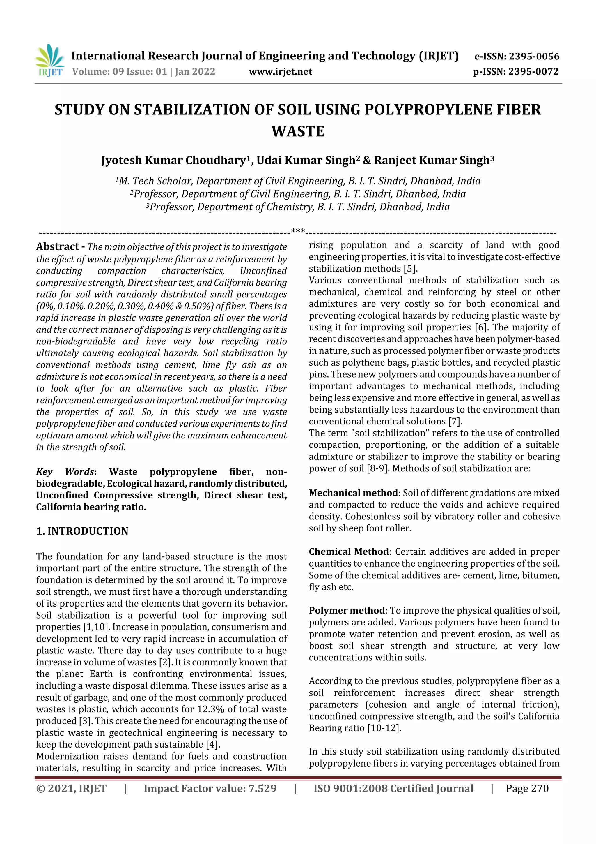 STUDY ON STABILIZATION OF SOIL USING POLYPROPYLENE FIBER WASTE | PDF
