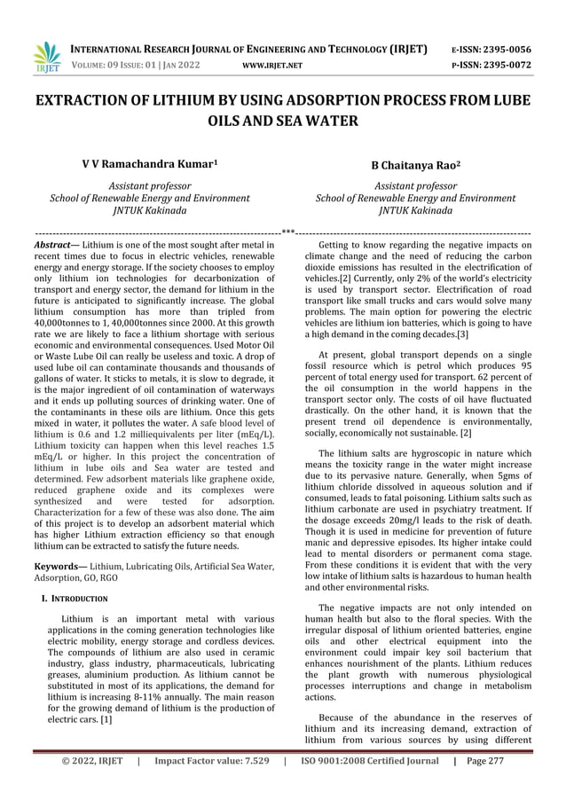 EXTRACTION OF LITHIUM BY USING ADSORPTION PROCESS FROM LUBE OILS AND SEA WATER | PDF ...