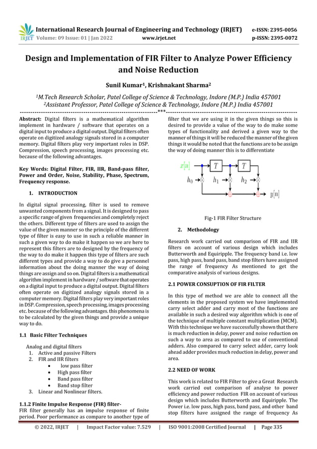 Design and Implementation of FIR Filter to Analyze Power Efficiency and Noise Reduction | PDF