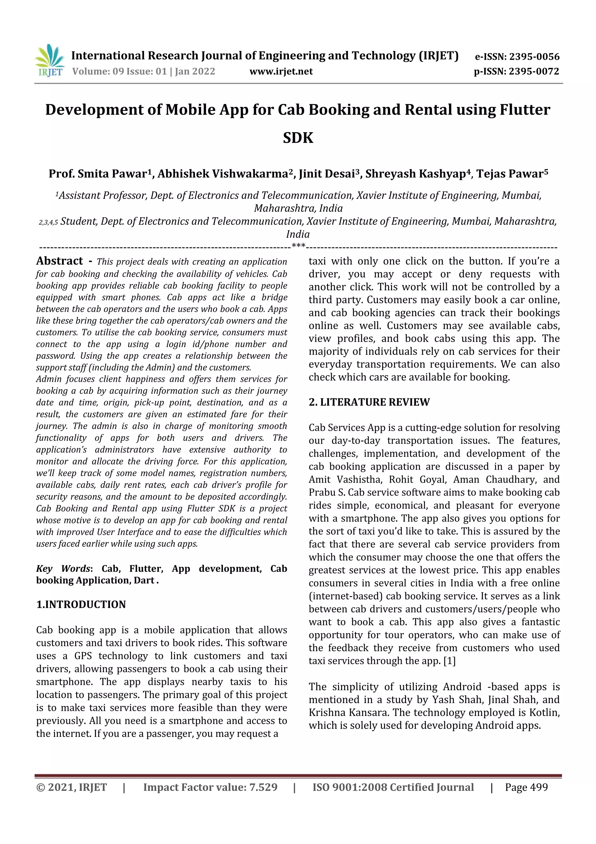 Development of Mobile App for Cab Booking and Rental using Flutter SDK ...