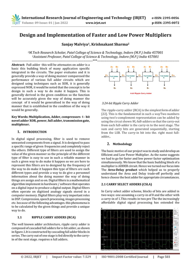 Design and Implementation of Faster and Low Power Multipliers | PDF