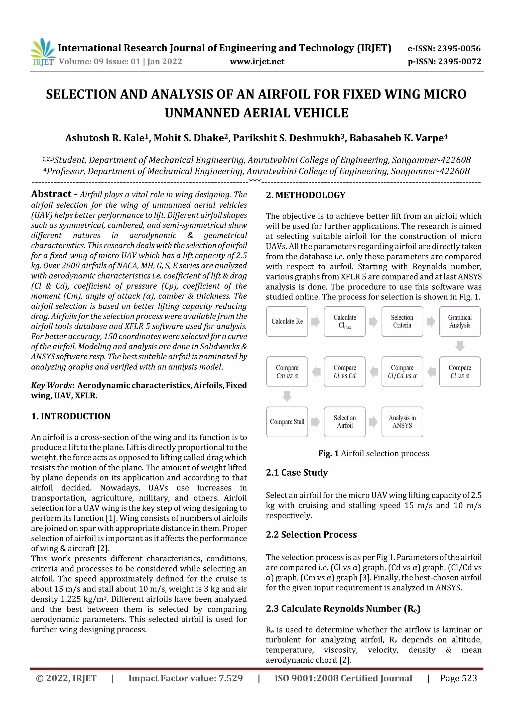 SELECTION AND ANALYSIS OF AN AIRFOIL FOR FIXED WING MICRO UNMANNED AERIAL VEHICLE | PDF